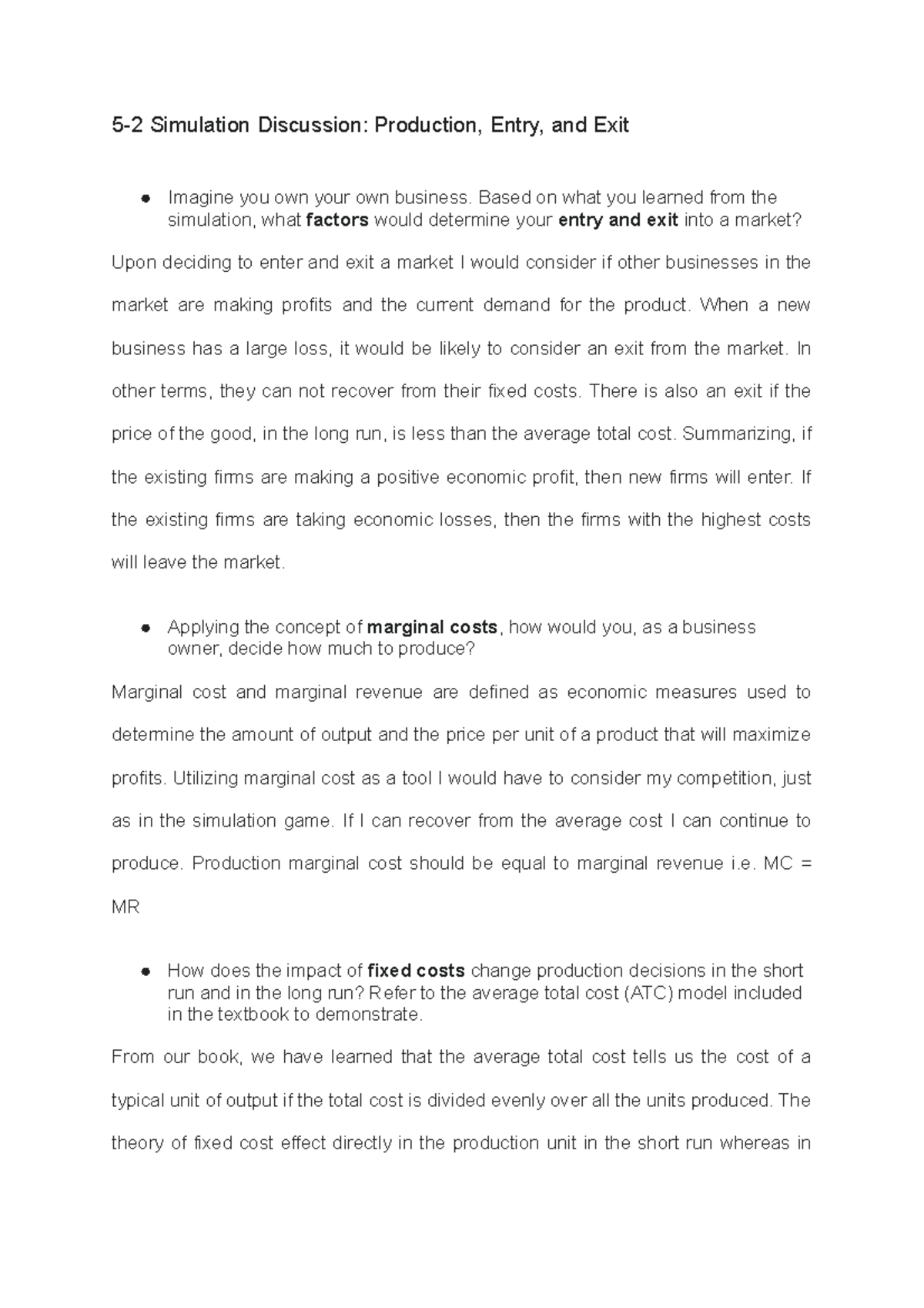 5-2 Simulation Discussion Production, Entry, and Exit - Based on what ...