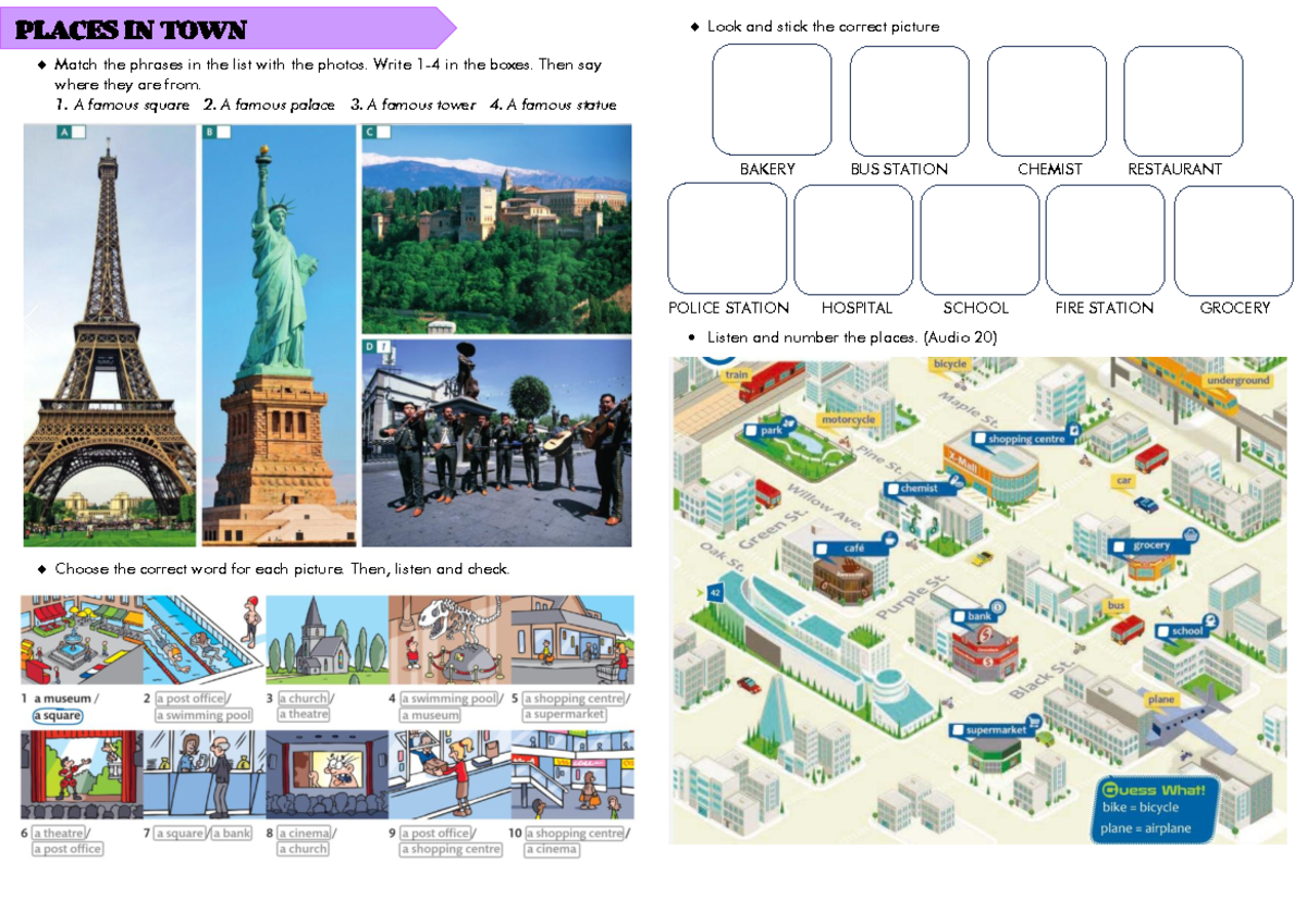 1RO English Activities Comercio - PLACES IN TOWN Match the phrases in ...