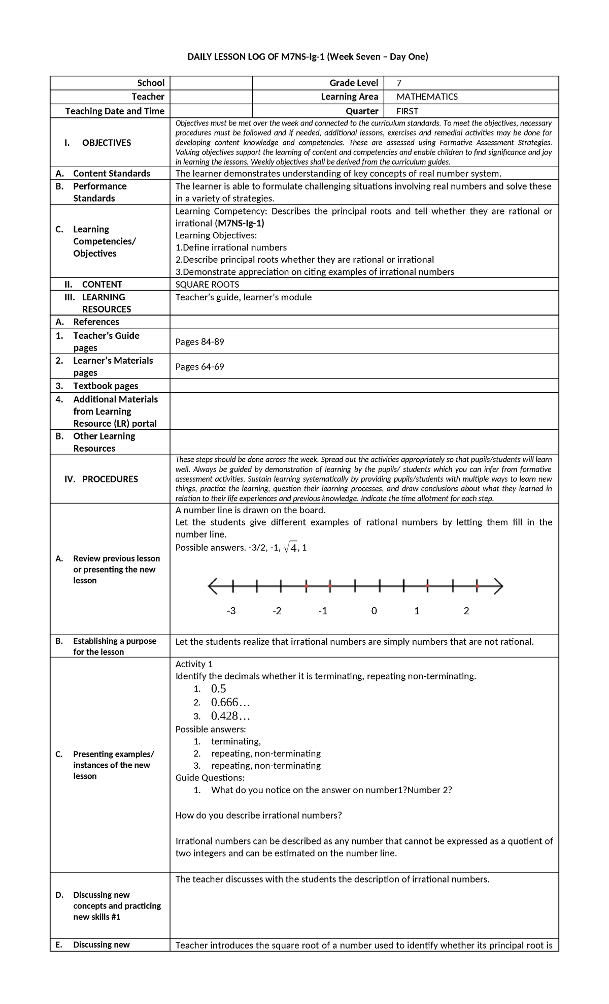I-DAY-25 - DAILY LESSON LOG OF M7NS-Ig-1 (Week Seven – Day One) School ...