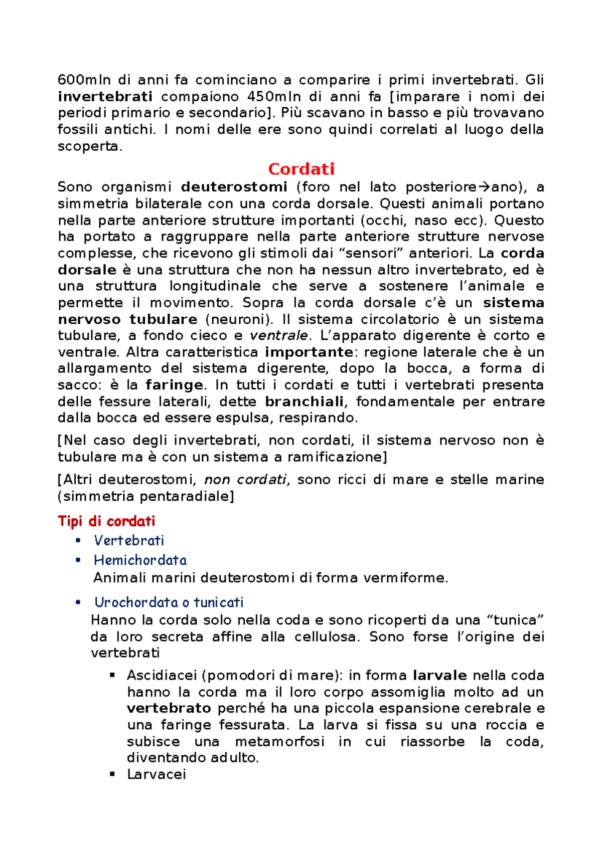 Lez. 2, 3 - cordati, vertebrati... condroitti - 600mln di anni fa ...