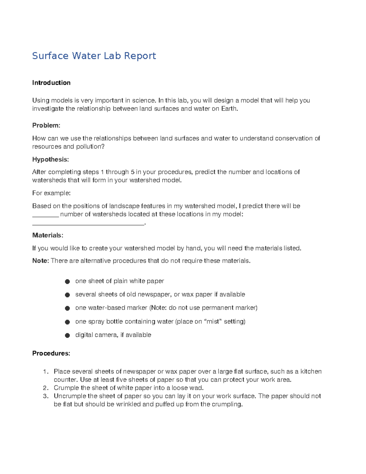 Surface Water Lab Report: Exploring Land and Water Relationships ...