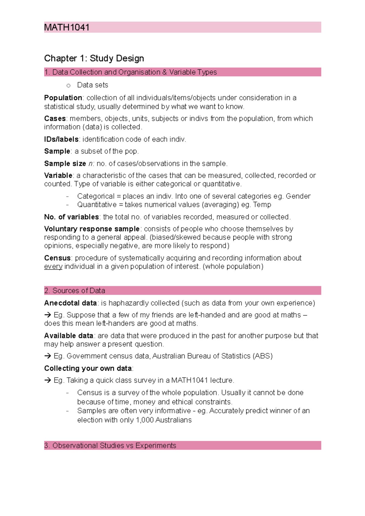 MATH1041-Lec - Lecture notes All - MATH Chapter 1: Study Design Data ...