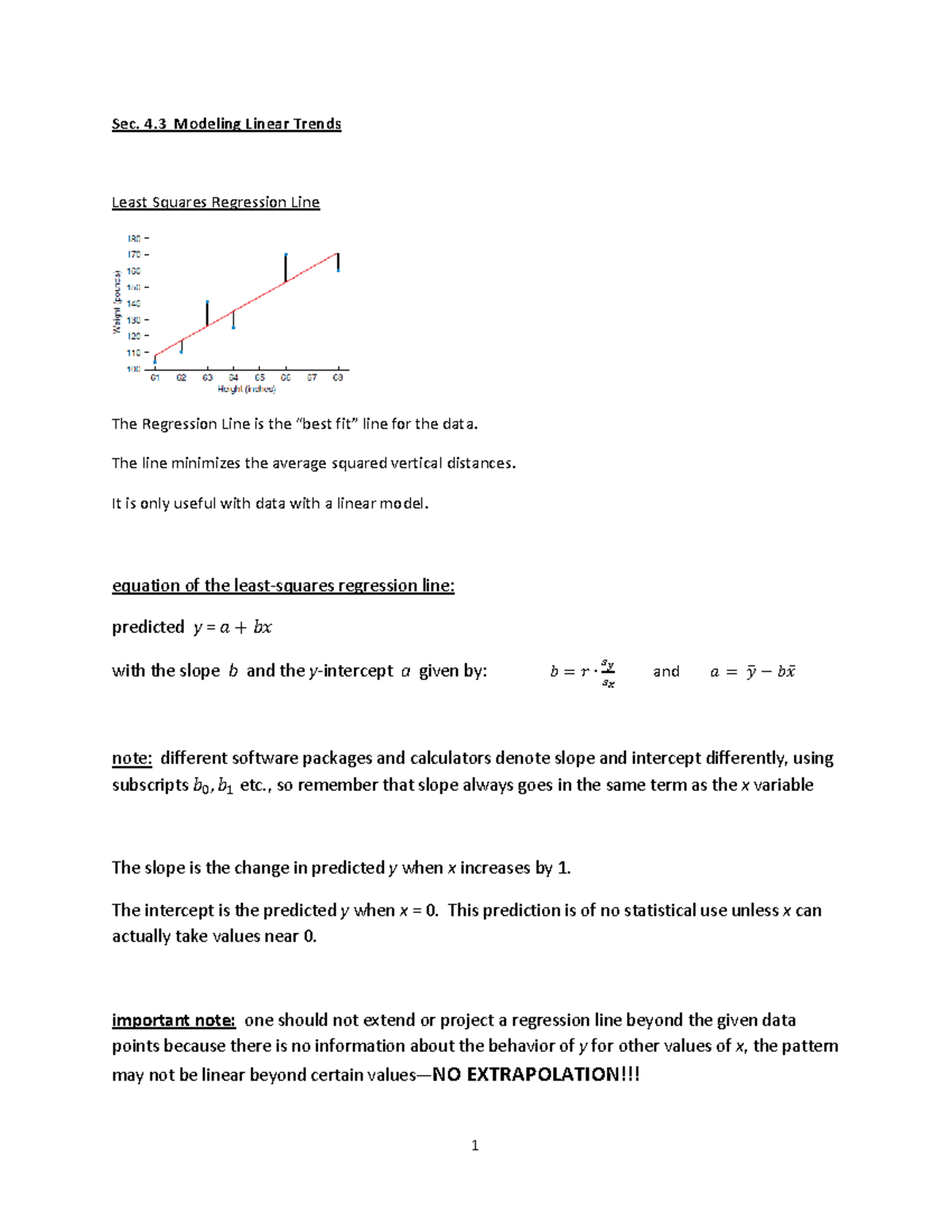 Sec43 Notes Bean Sec 4 Modeling Linear Trends Least Squares Regression Line The Regression