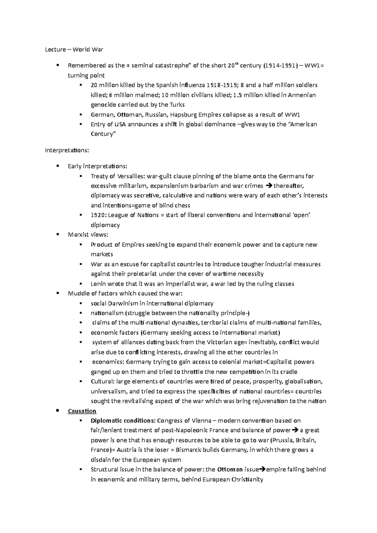Lecture Notes - Lecture On WW1 - Its Causes, Conduct And Consequences ...