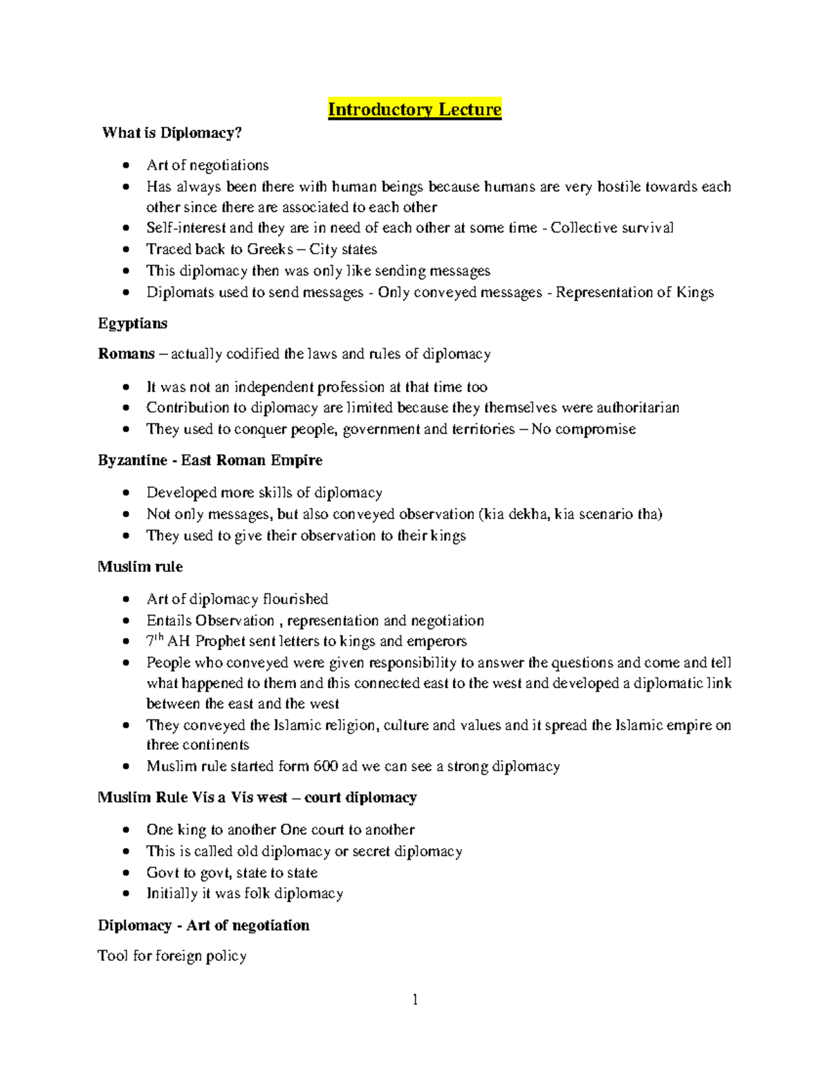 Diplomacy Notes - Introductory Lecture What is Diplomacy? Art of ...
