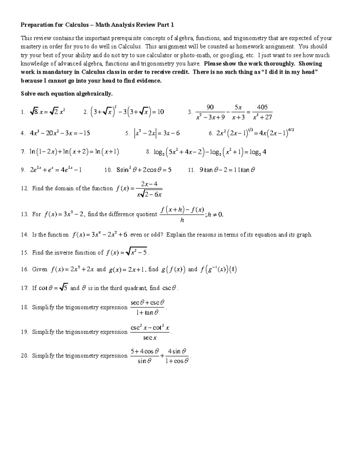 Set 1 - set 1 for precalc setup - Preparation for Calculus – Math ...