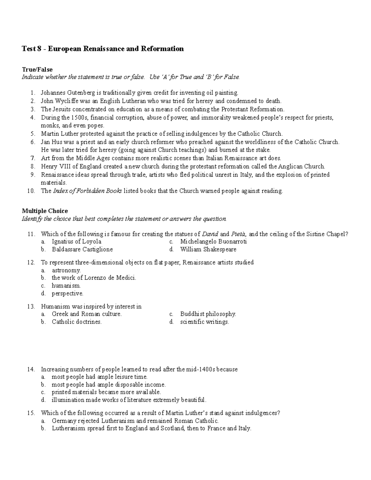 Test 8 European Renaissance and Reformation - Studocu