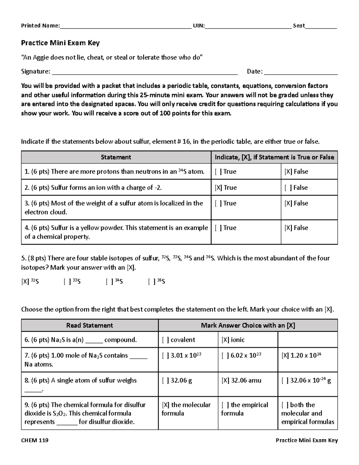 Practice Mini Exam Key - Key - Printed Name ...