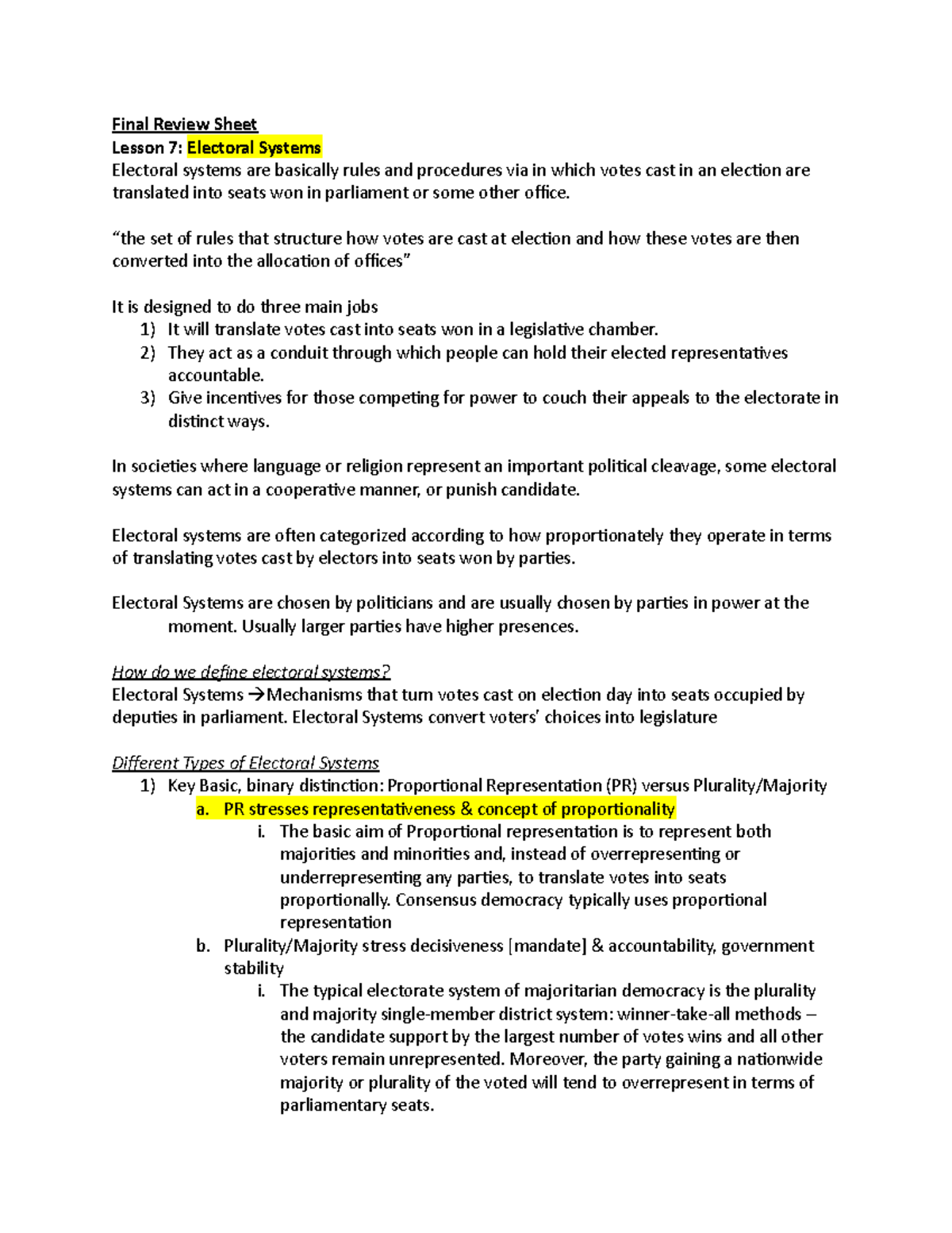Final Review Sheet - note - Final Review Sheet Lesson 7: Electoral ...