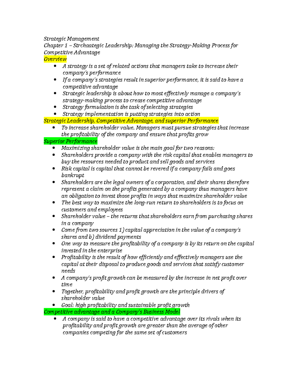 Strategic Management Notes - Part 1 - Strategic Management Chapter 1 ...