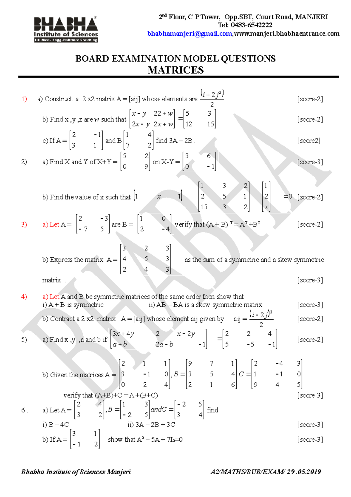 Matrices - Matrix in calculation - BOARD EXAMINATION MODEL QUESTIONS ...
