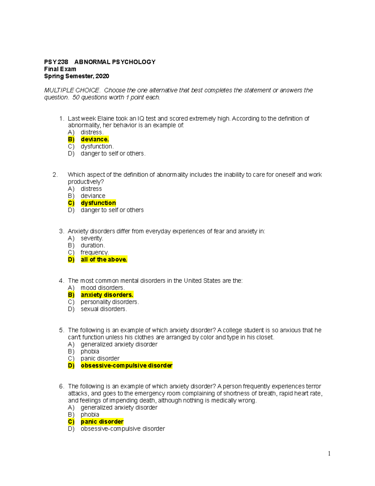 Final Exam - PSY 238 ABNORMAL PSYCHOLOGY Final Exam Spring Semester ...