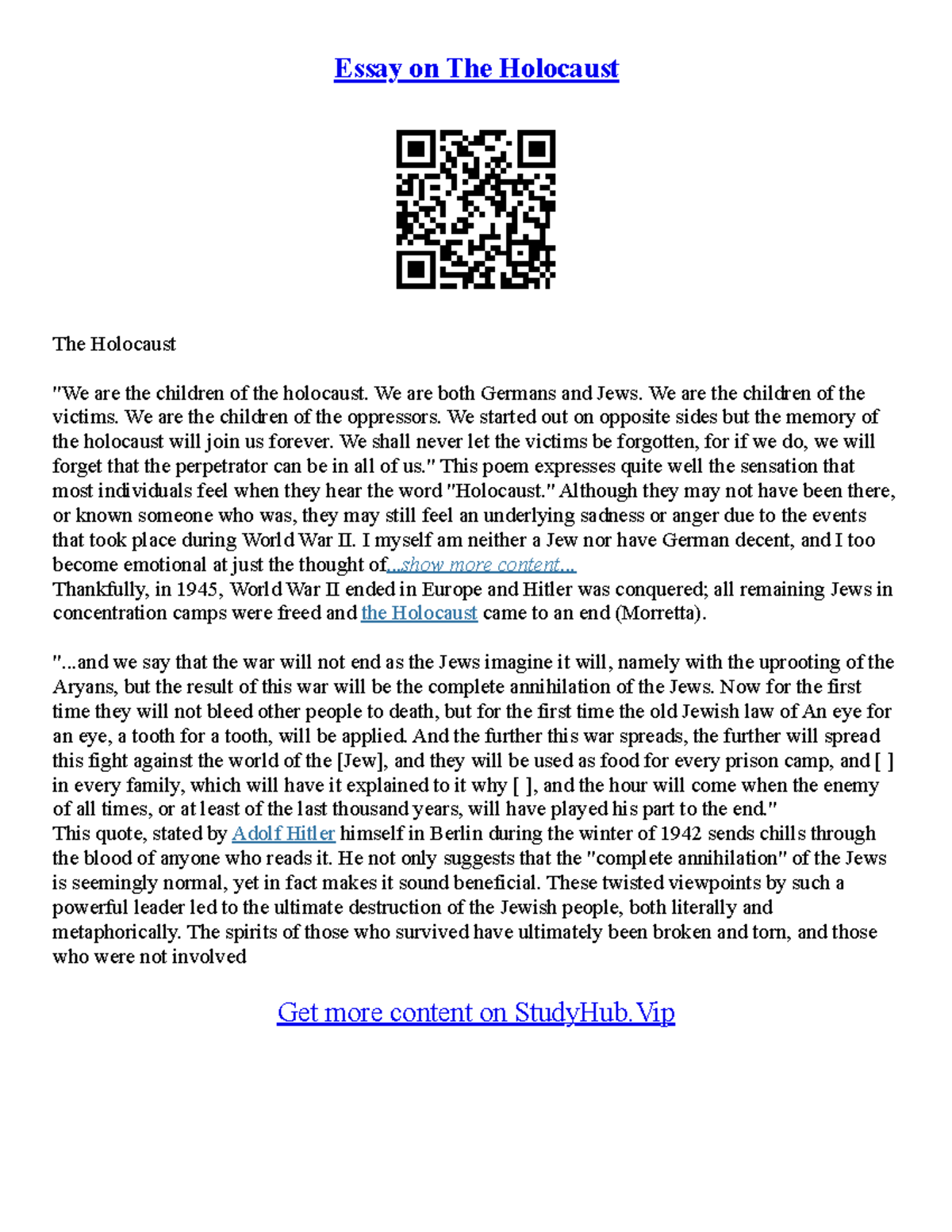 Essay On Holocaust - Essay on The Holocaust The Holocaust "We are the ...