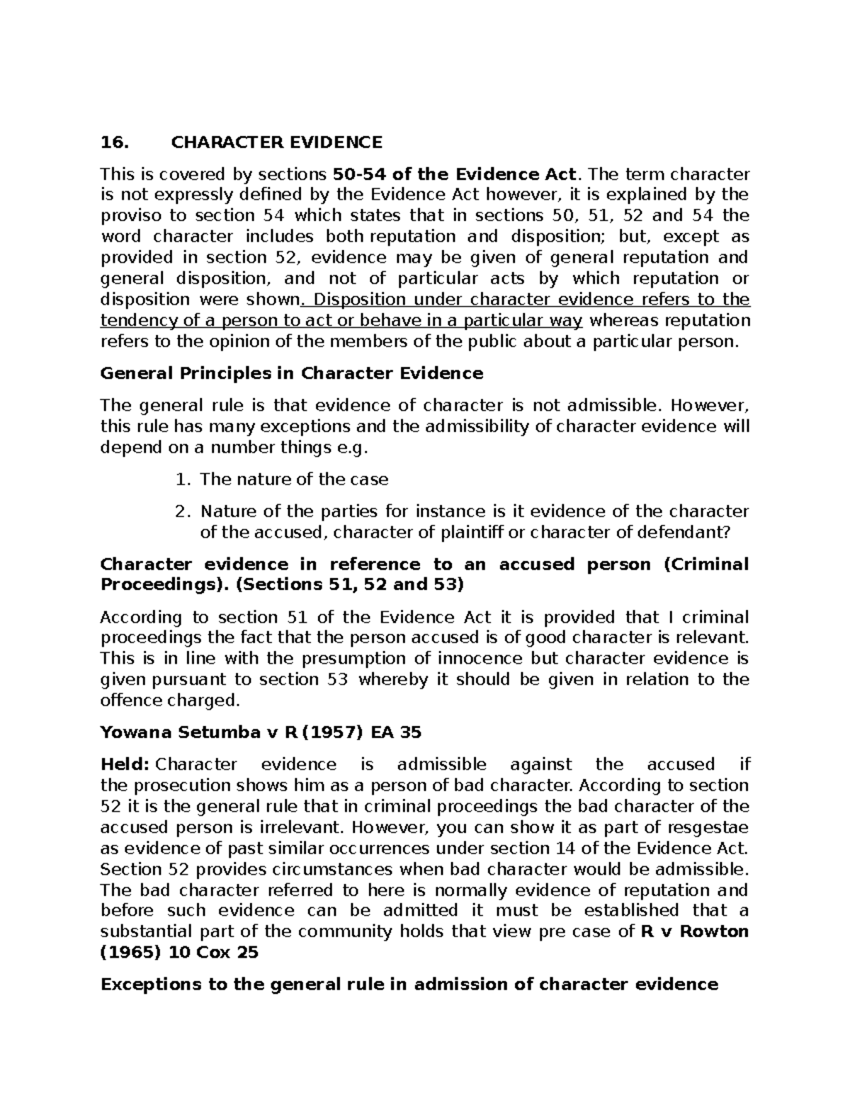 Character Evidence - 16. CHARACTER EVIDENCE This is covered by sections ...