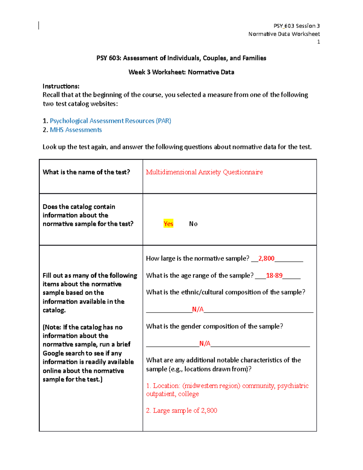 Week 3 worksheet - week 3 async homework - PSY 603 Session 3 Normative Data Worksheet 1 PSY 603 ...