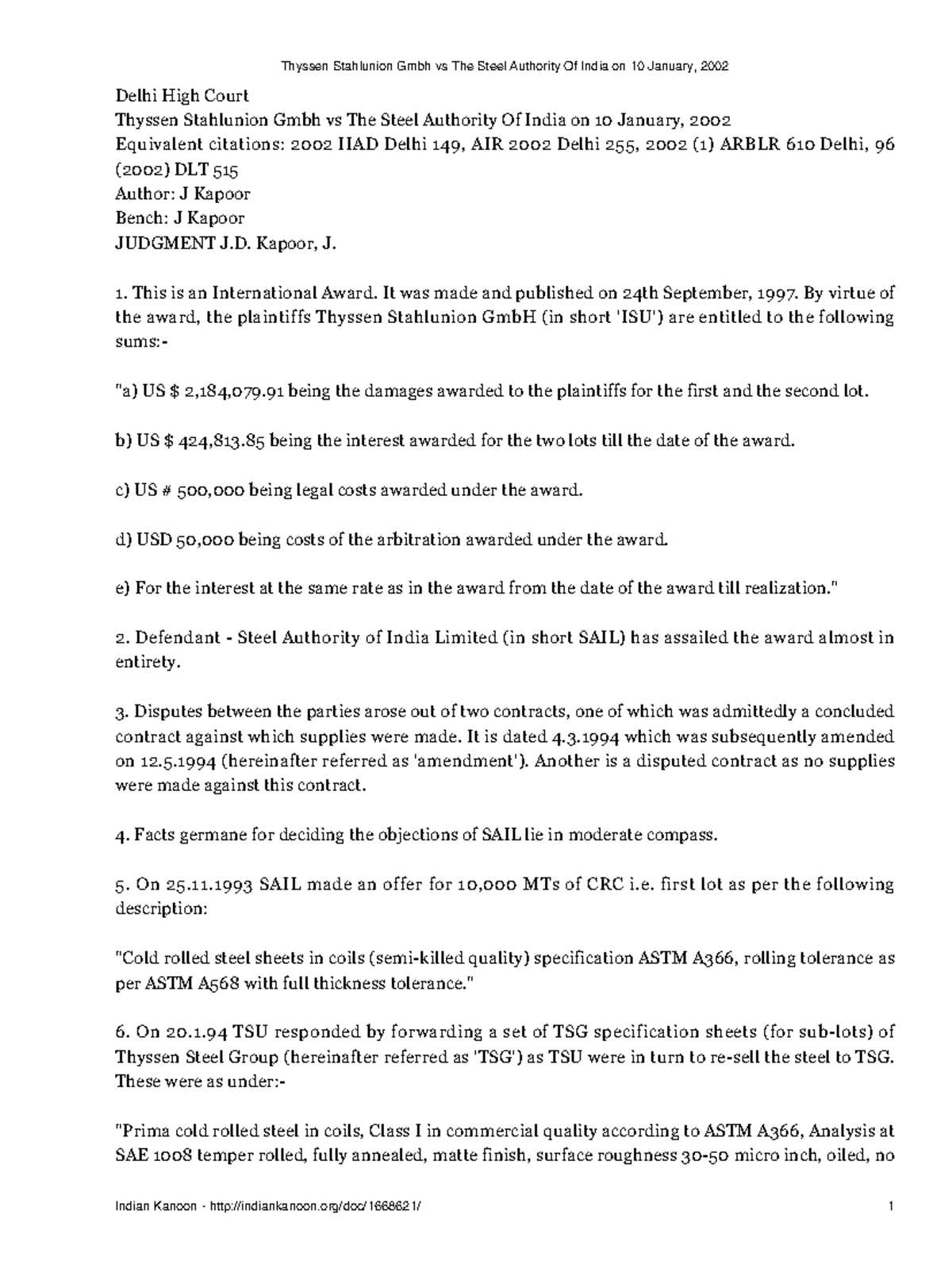 Thyssen Stahlunion Gmbh vs The Steel Authority Of India on 10 January ...