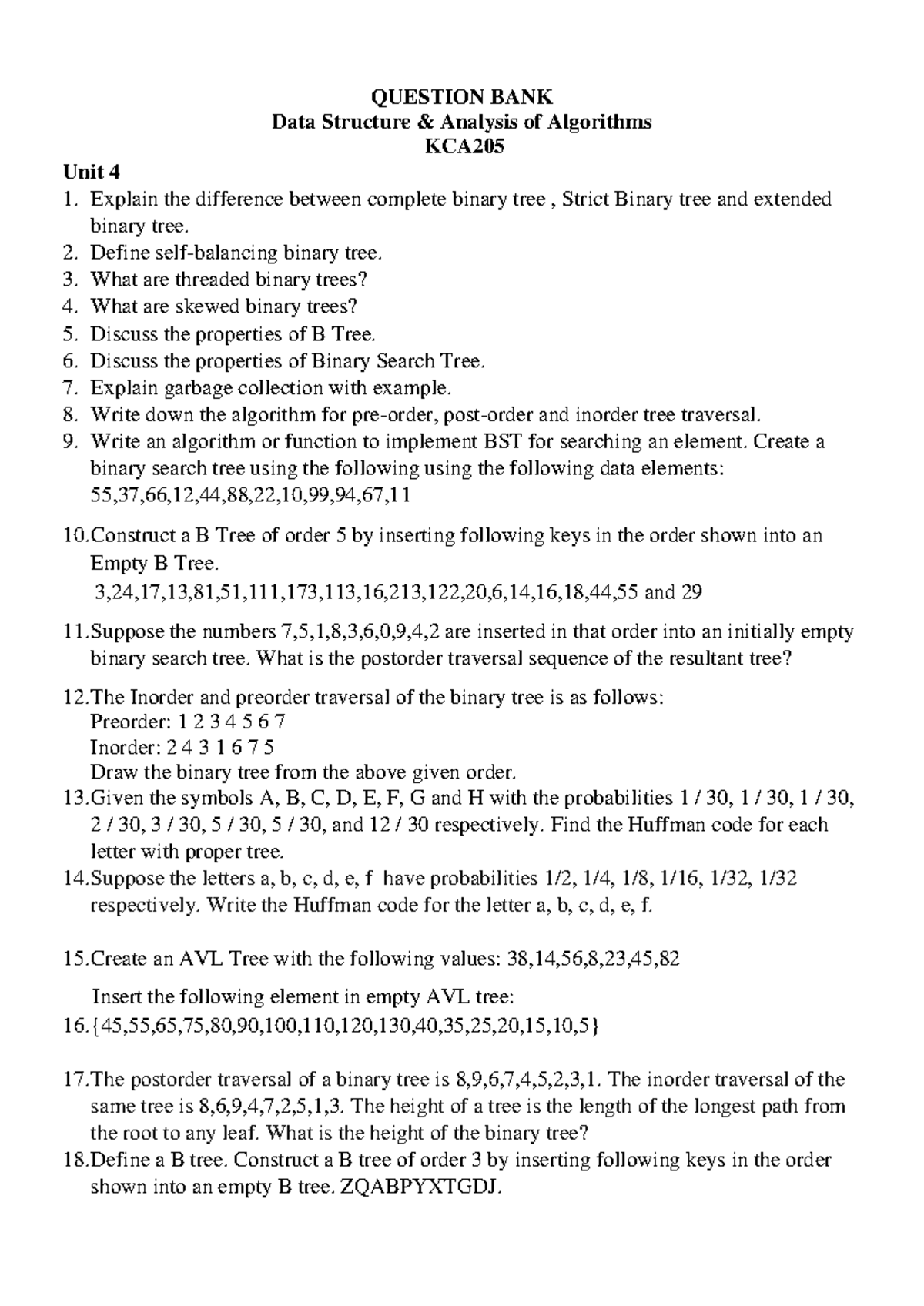 Unit 4&5 QAB Updated - keep pratice - QUESTION BANK Data Structure & Analysis of Algorithms KCA ...