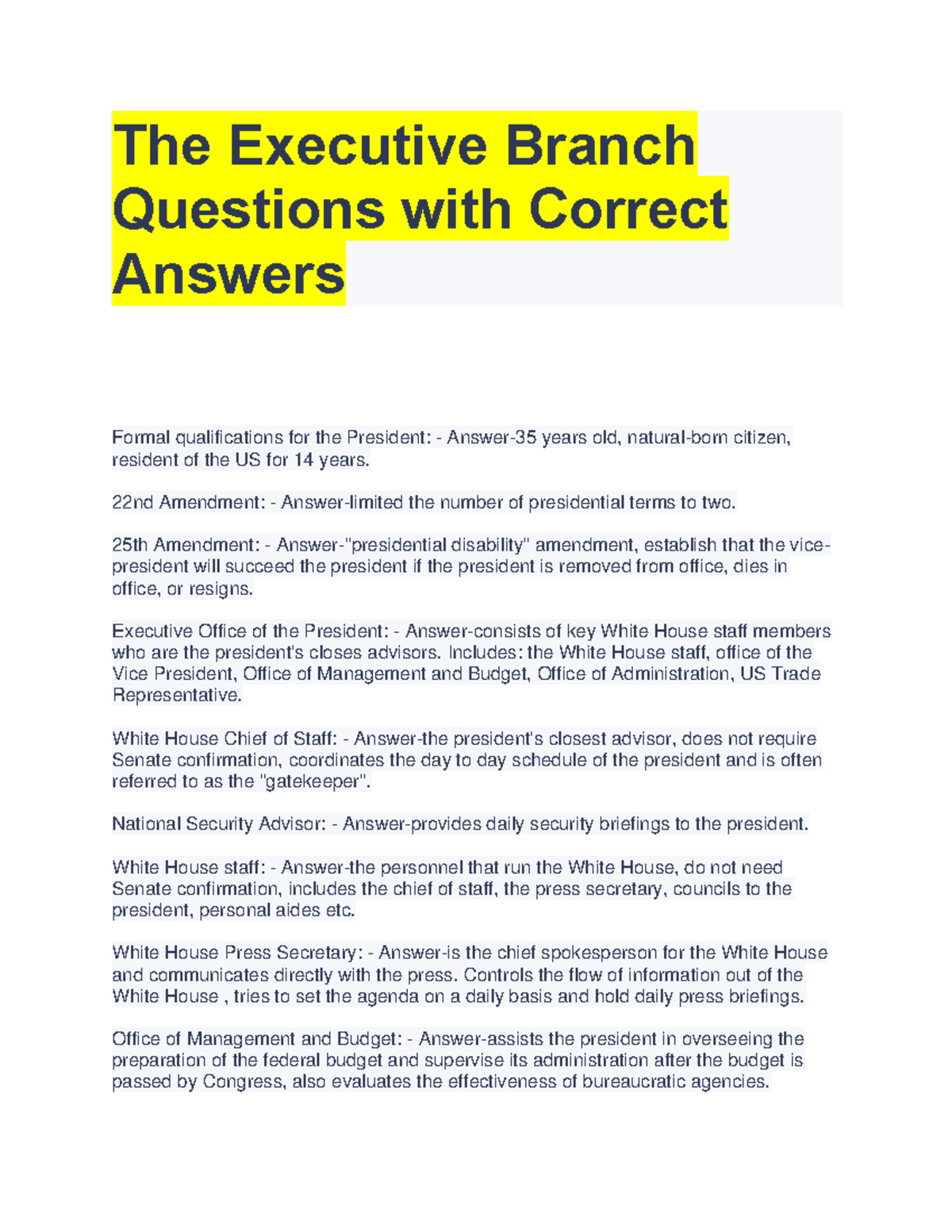 The Executive Branch Questions with Correct Answers - The Executive ...