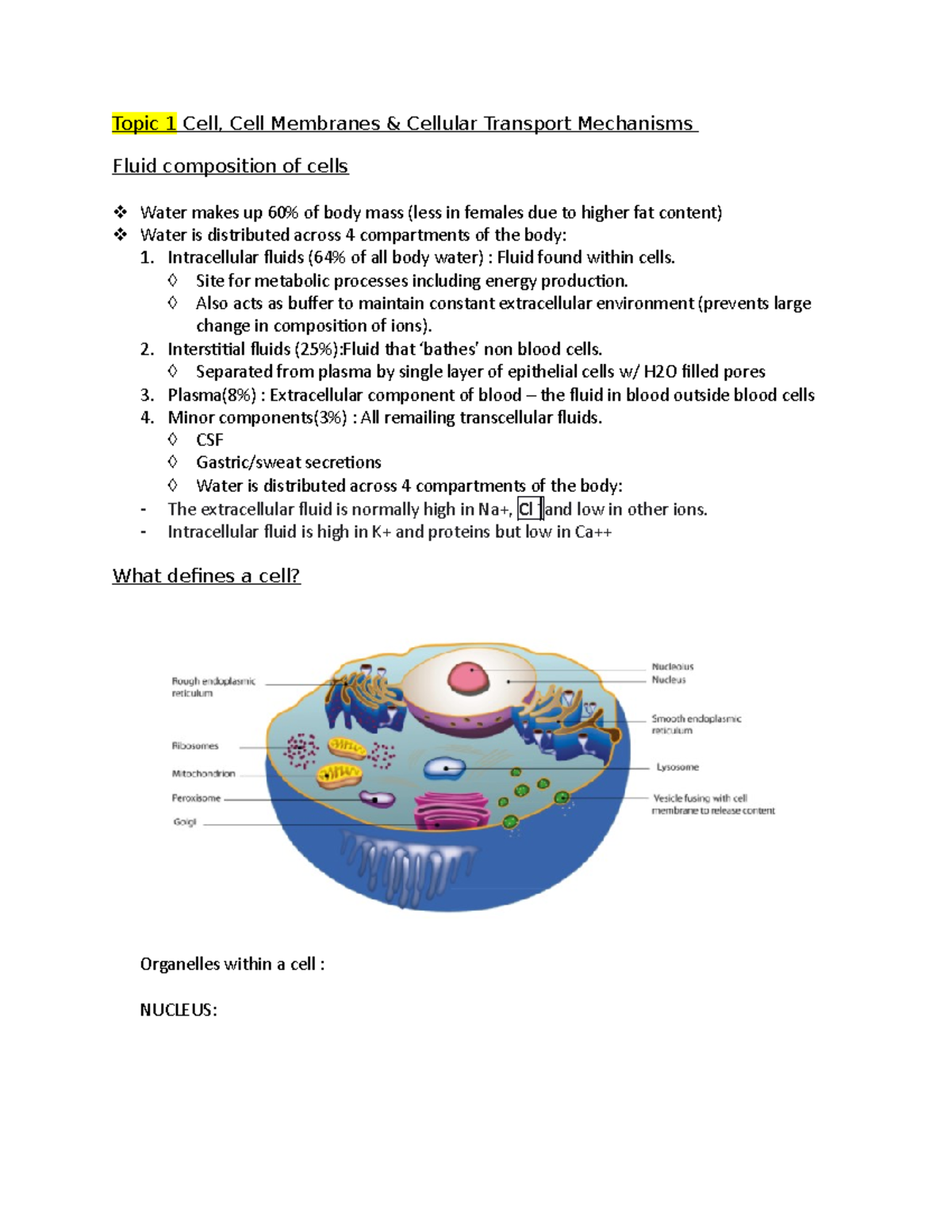 Topic 1 Cell - Topic 1 Cell, Cell Membranes & Cellular Transport Mechanisms Fluid composition of ...