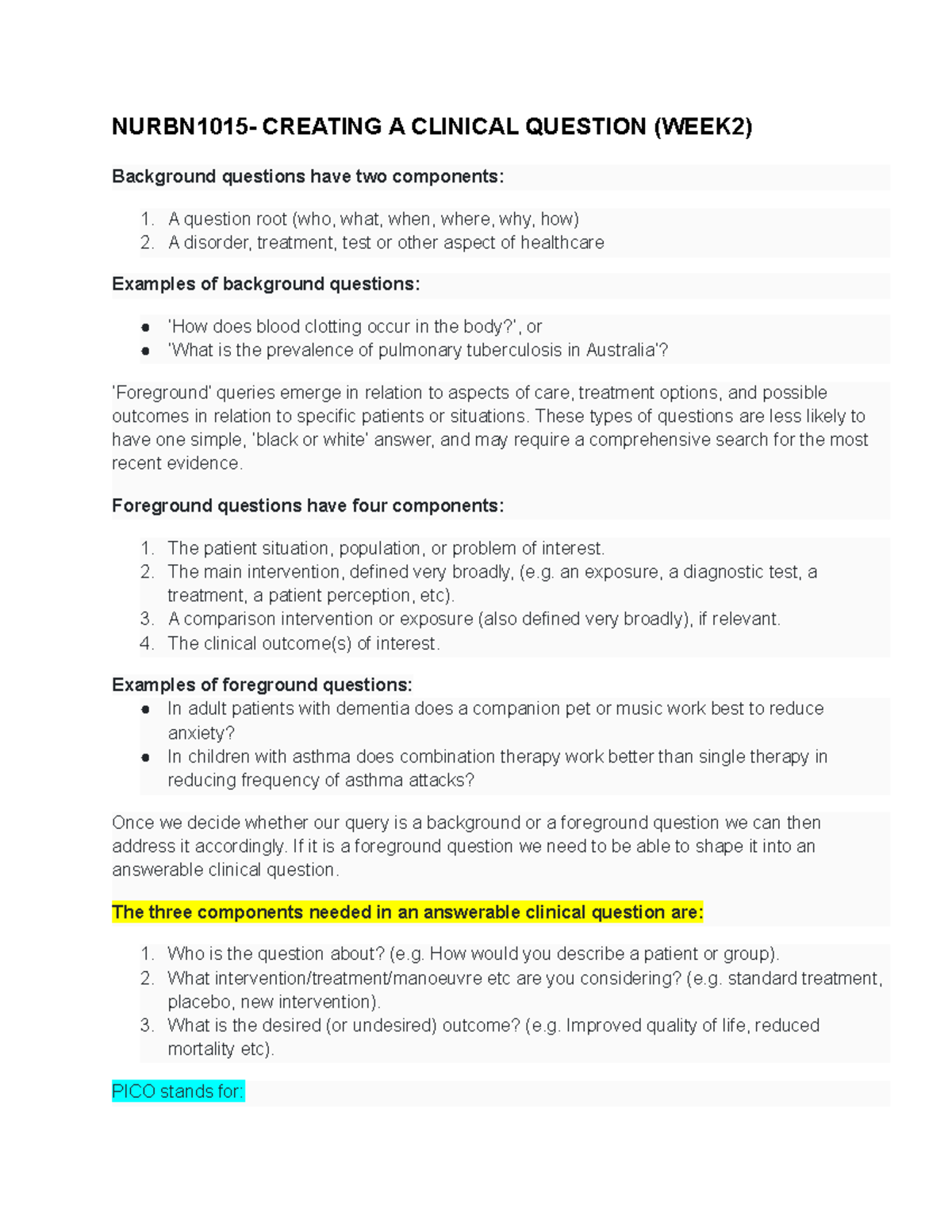 Nurbn 1015- Creating A Clinical Question (WEEK2) - NURBN1015- CREATING ...