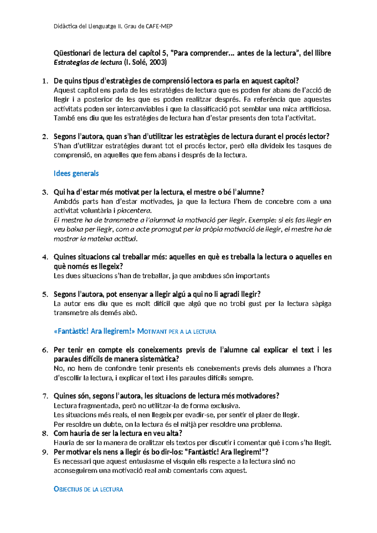Guia de lectura. Cap Ã tol 5 (I. Sol Ã©) - Didàctica del Llenguatge II. Grau de CAFE-MEP - Studocu
