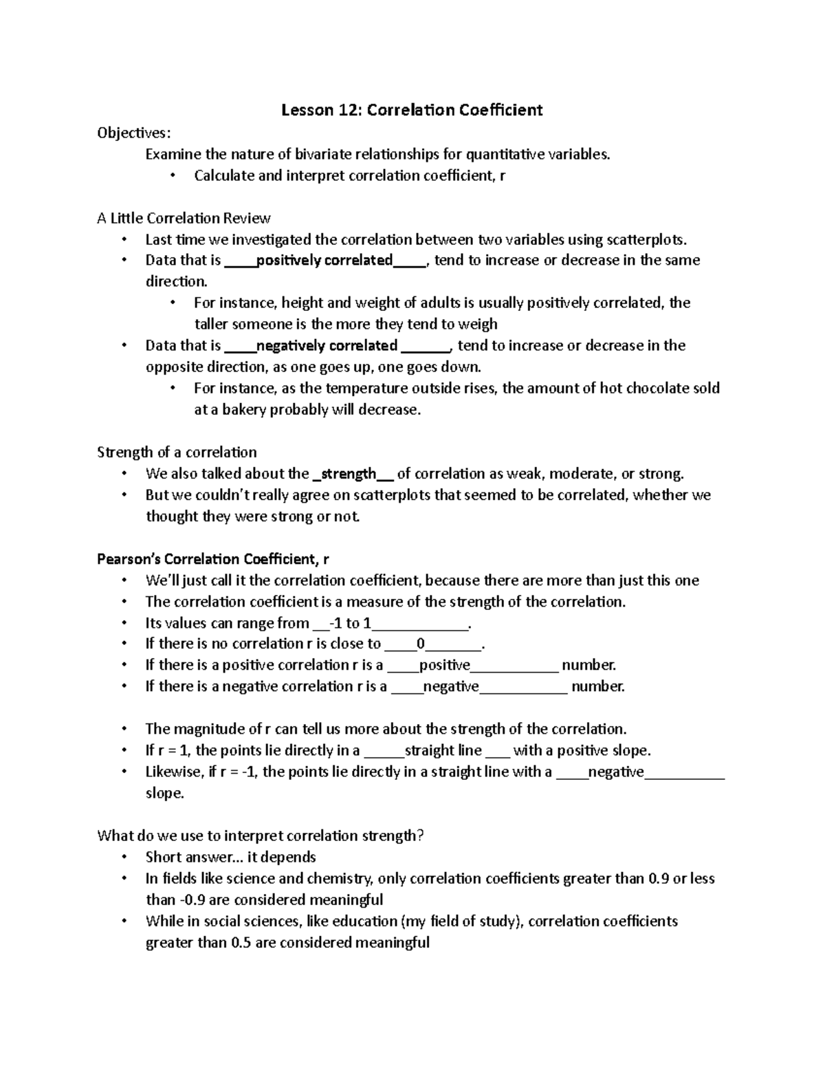 Lesson 12 Correlation Coefficient Lesson 12 Correlation Coefficient