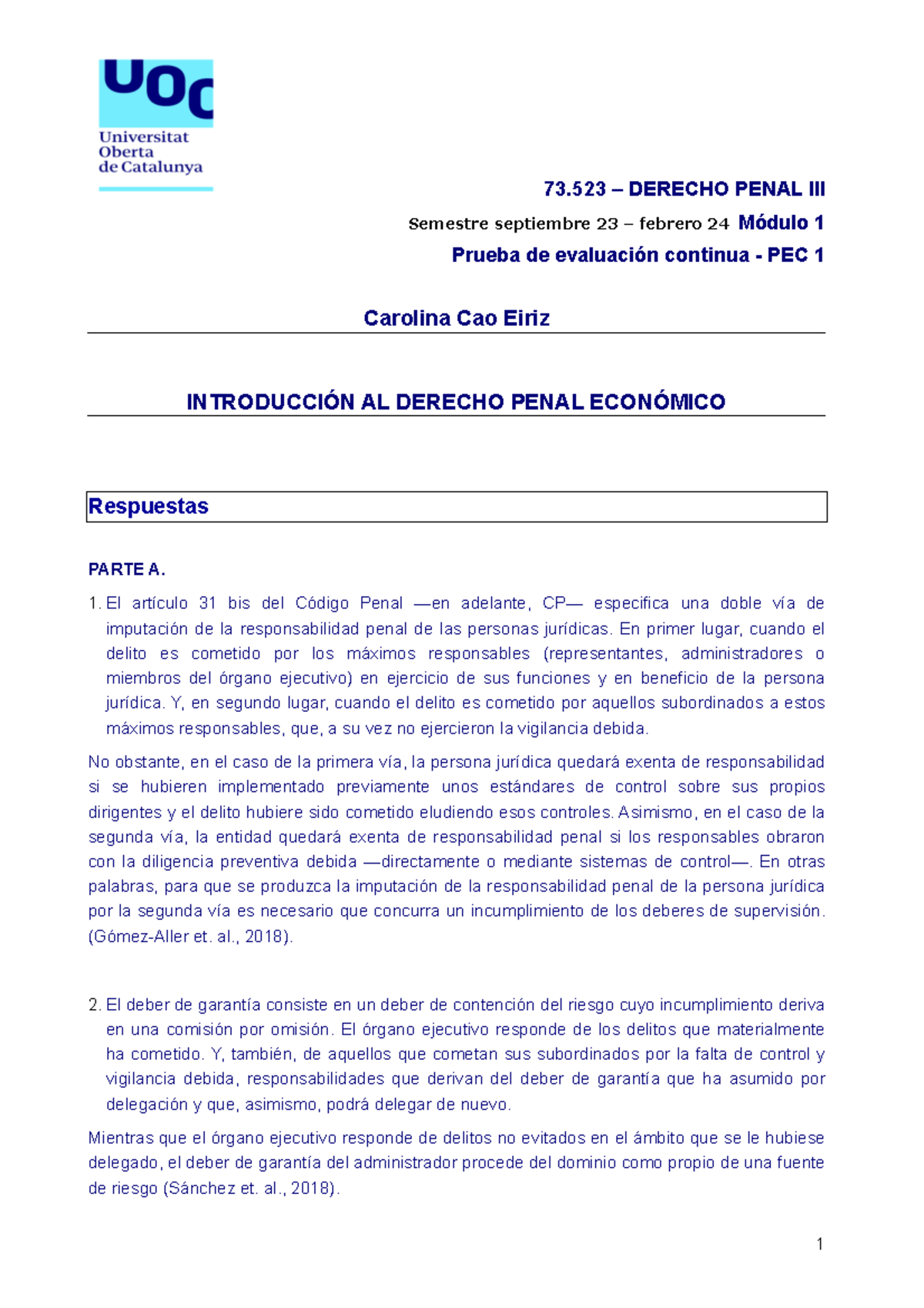 PEC 1 Penal III - ELABORACIÓN PROPIA. - 73 – DERECHO PENAL III Semestre septiembre 23 – febrero ...