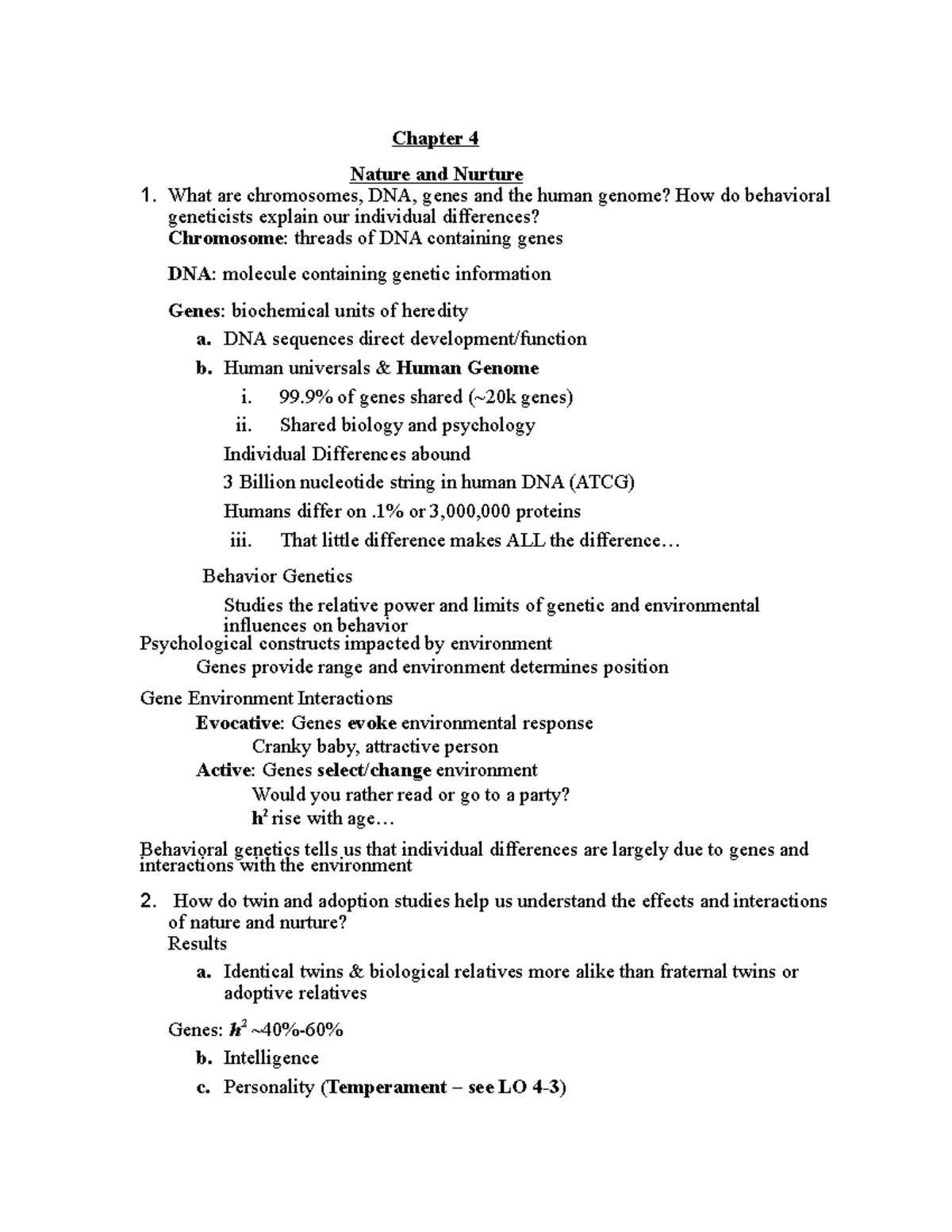 Chapter 4 - This is a class note - Chapter 4 Nature and Nurture What ...