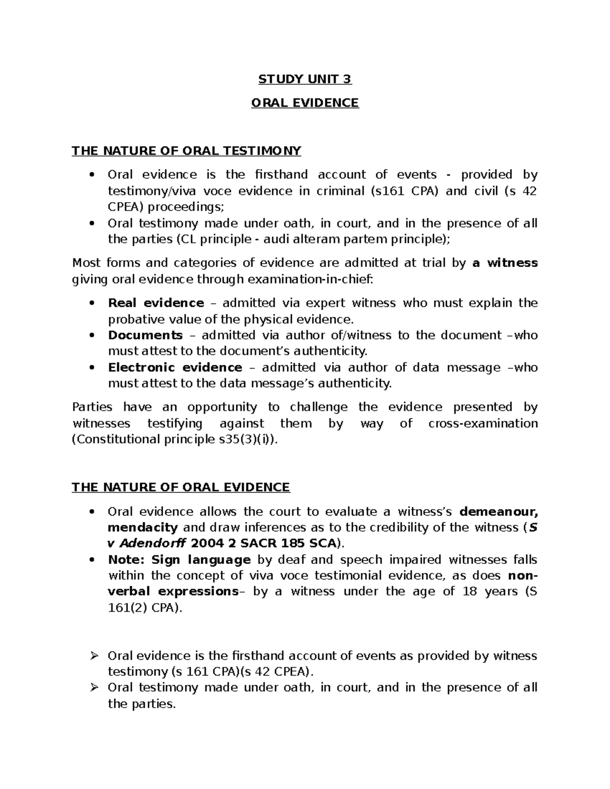 Study UNIT 3 - ORAL Evidence - STUDY UNIT 3 ORAL EVIDENCE THE NATURE OF ...