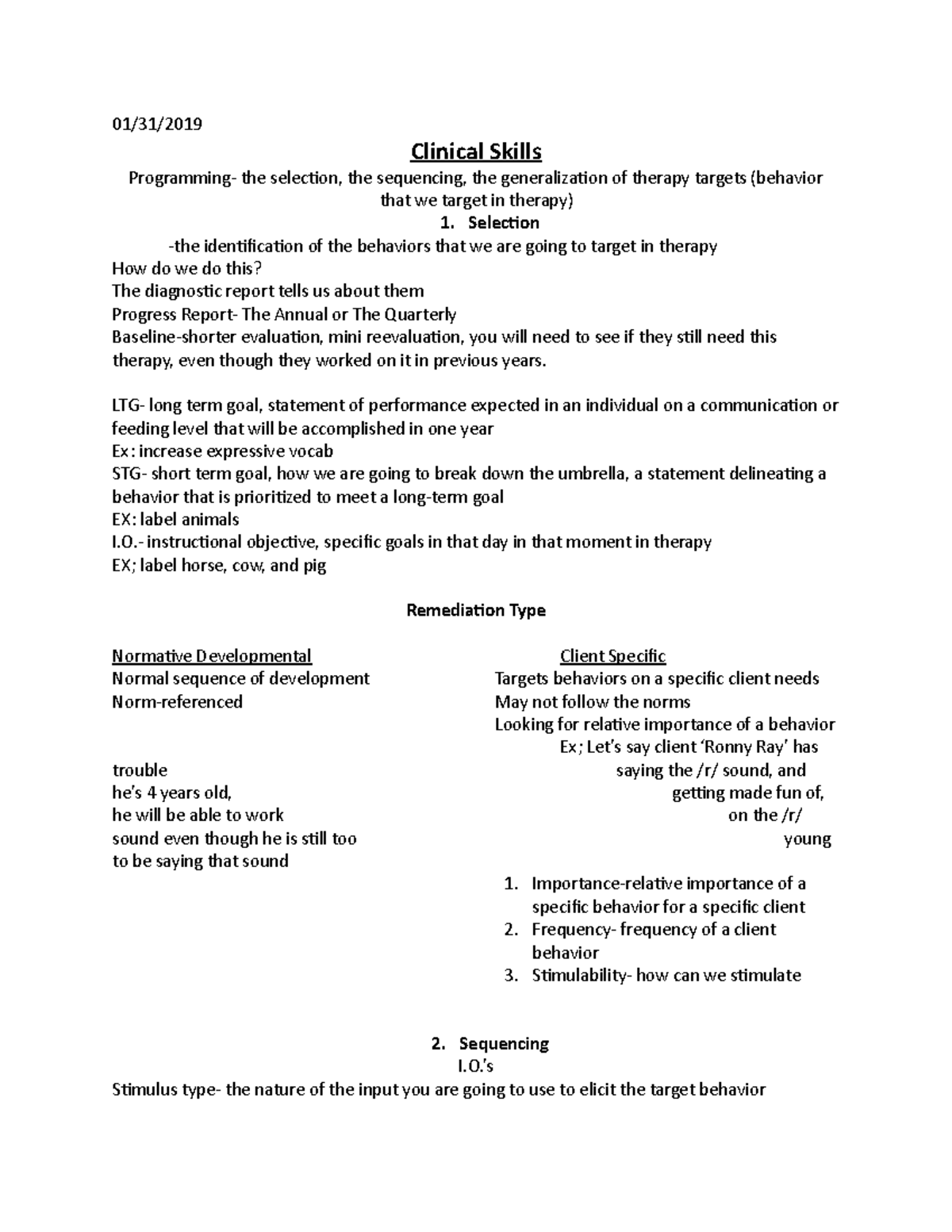 Midterm Notes - 01/31/2019 Clinical Skills Programming- the selection ...