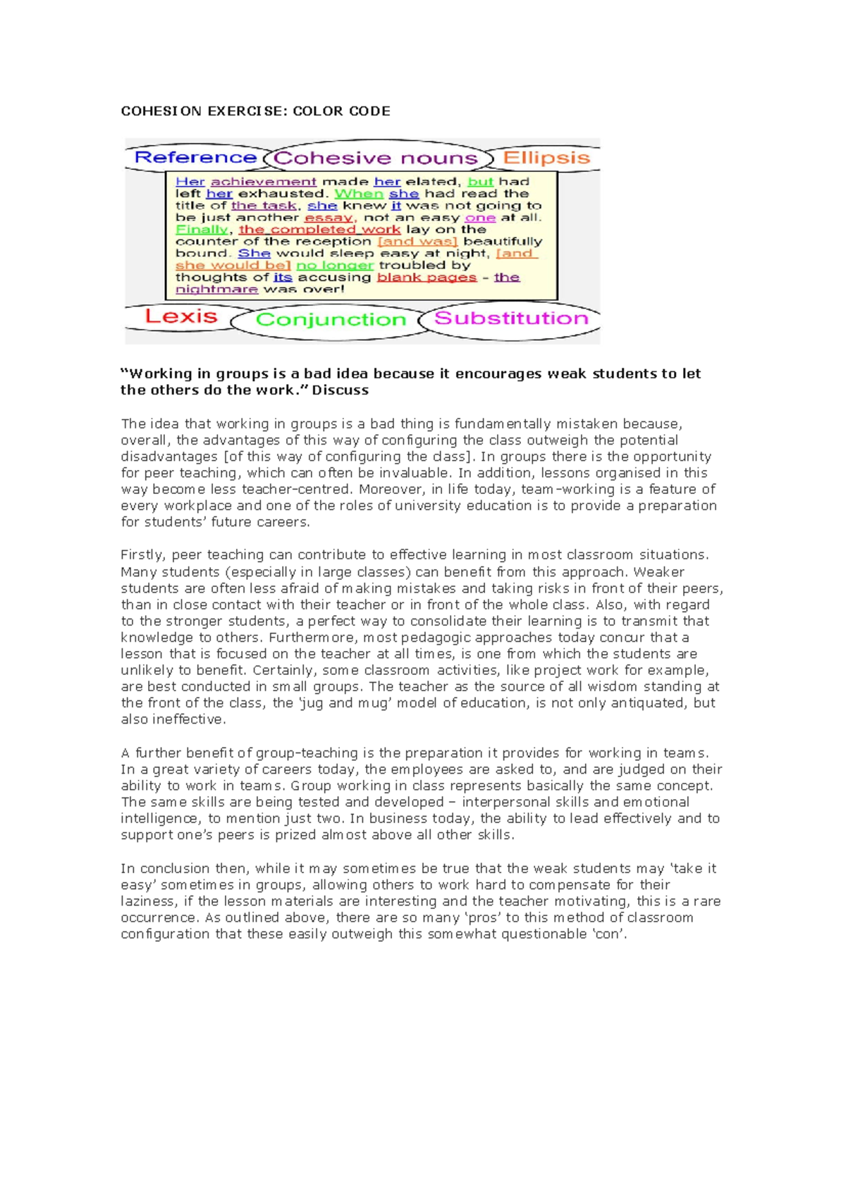 Cohesion Exercise - COHESION EXERCISE: COLOR CODE “Working in groups is ...