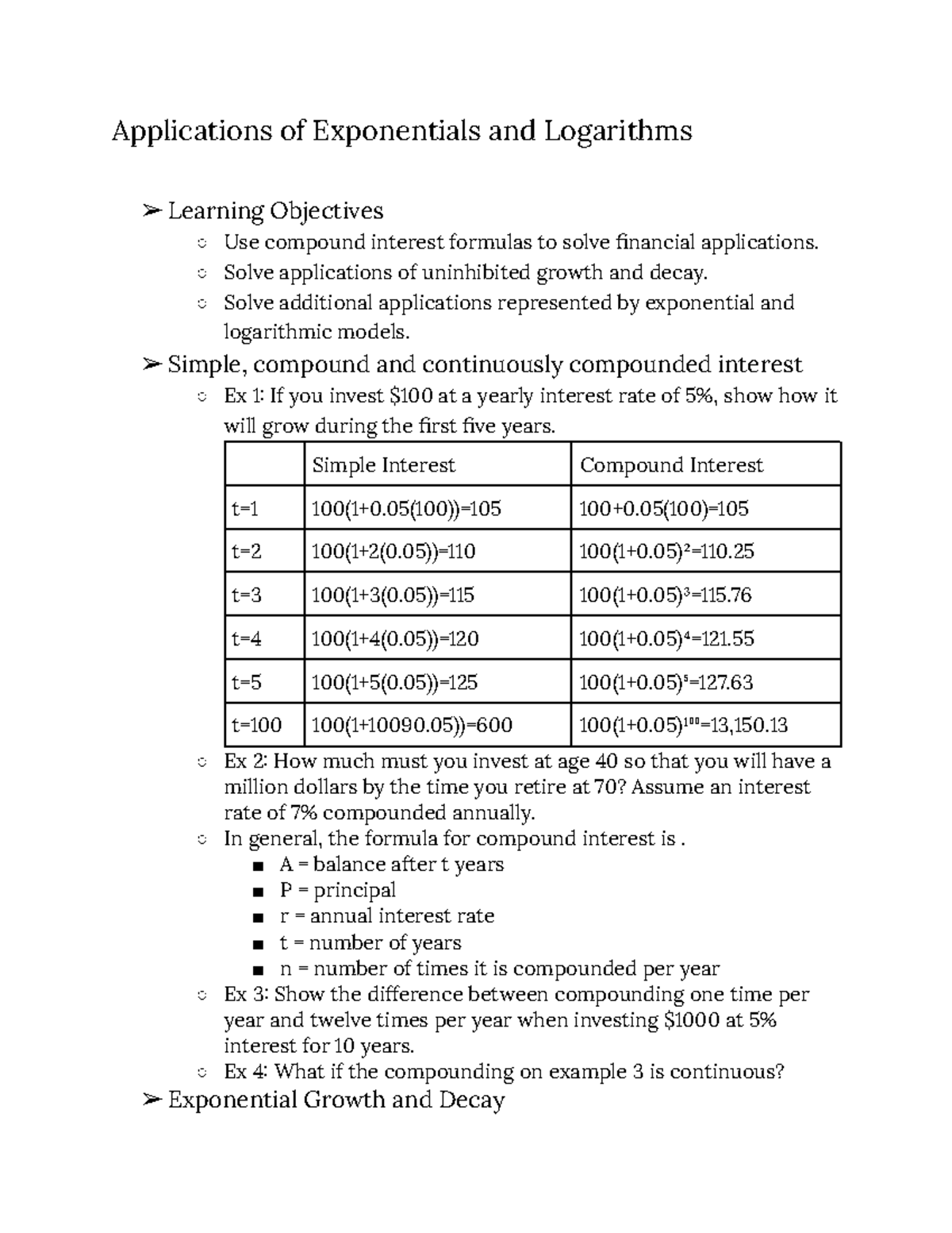 Math 1050 Lecture Notes Class 20 Applications Of Exponentials And Logarithms Learning