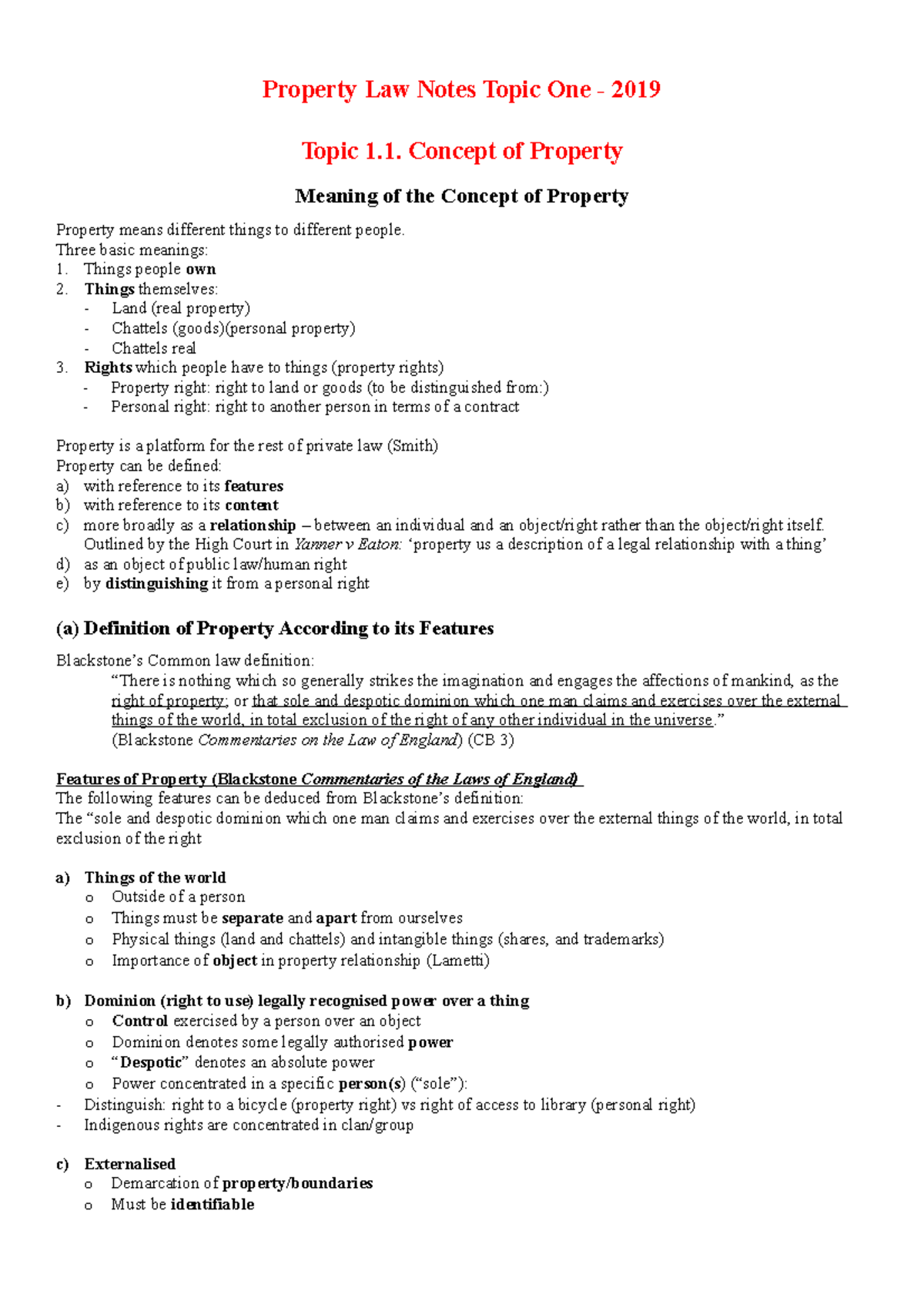 Property Law Notes Topic 1 - 2019 - Property Law Notes Topic One - 2019 ...