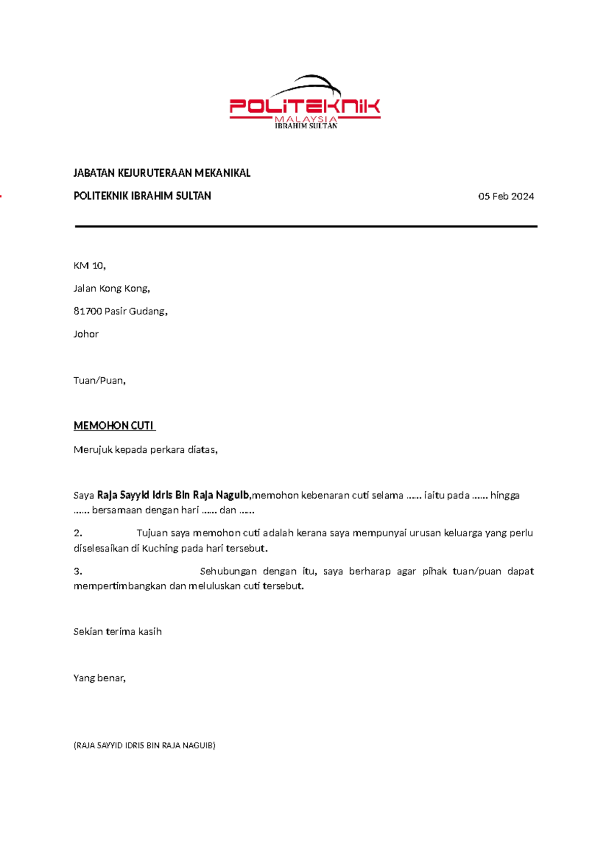 Surat Cuti Intern - Format for applying leave - JABATAN KEJURUTERAAN ...