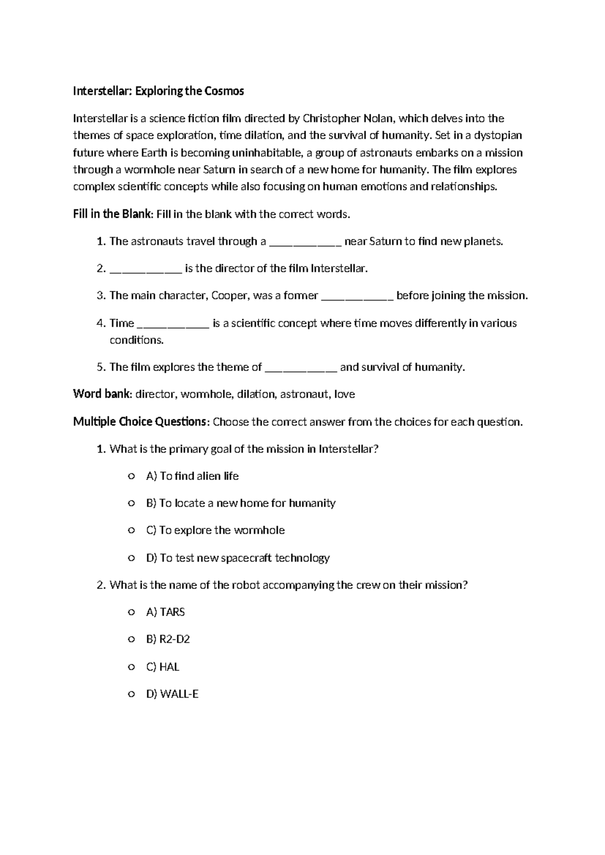 Interstellar worksheet - Interstellar: Exploring the Cosmos ...
