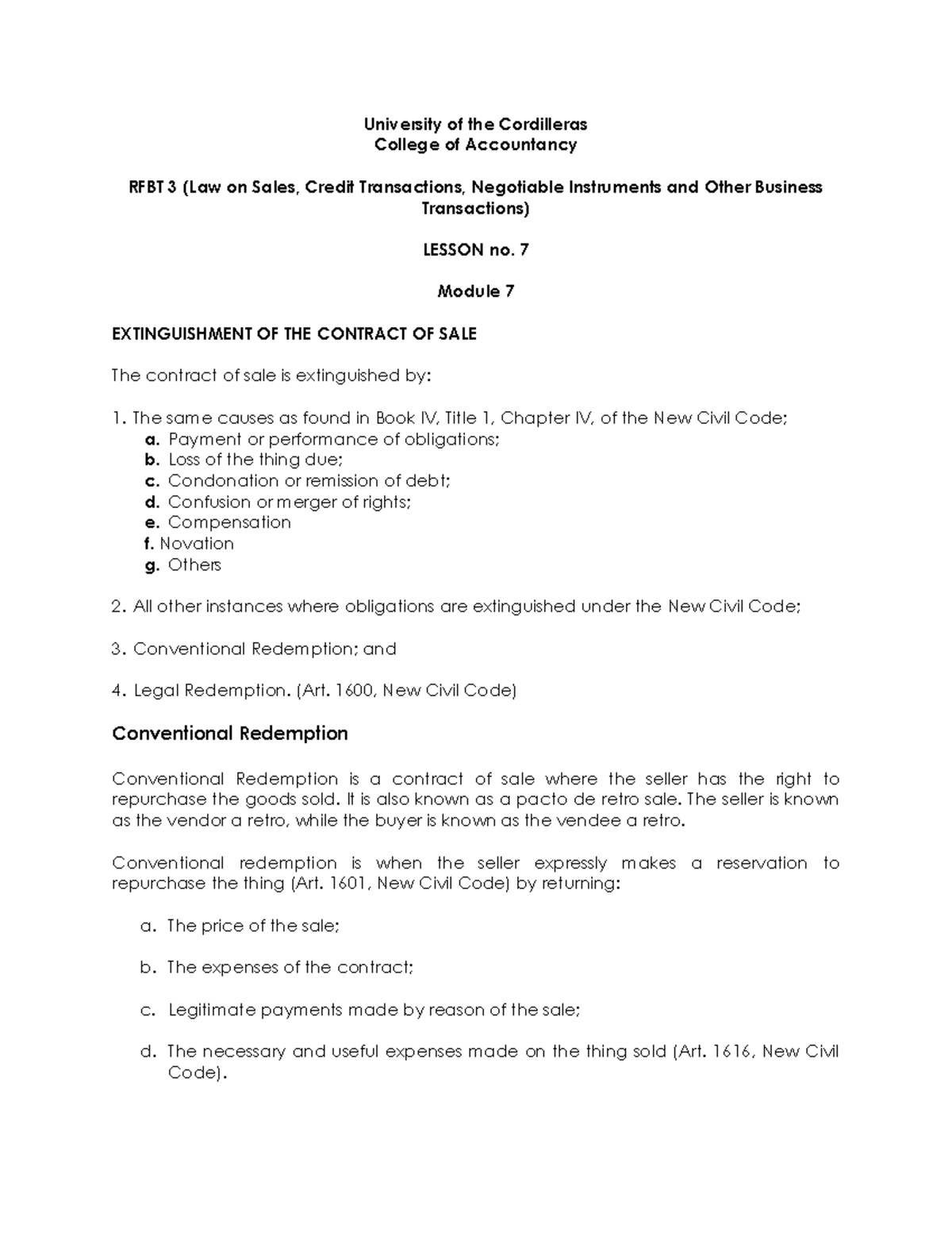 Sales Lesson 7 rfbt - Rfbt modules - University of the Cordilleras ...