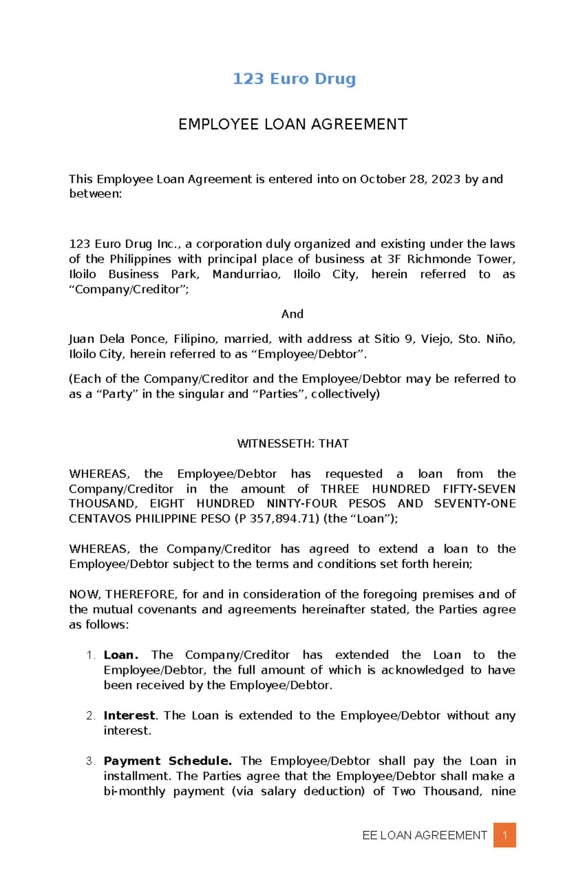 Annex A Defendant CLA - Sample form - 123 Euro Drug EMPLOYEE LOAN ...