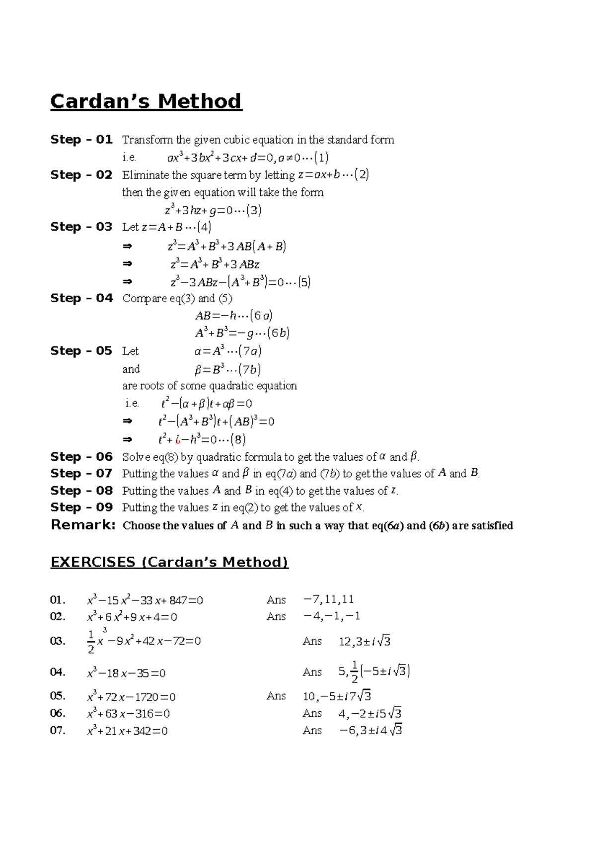 Cardans & Ferrari Method - Cardan’s Method Step – 01 Transform the ...