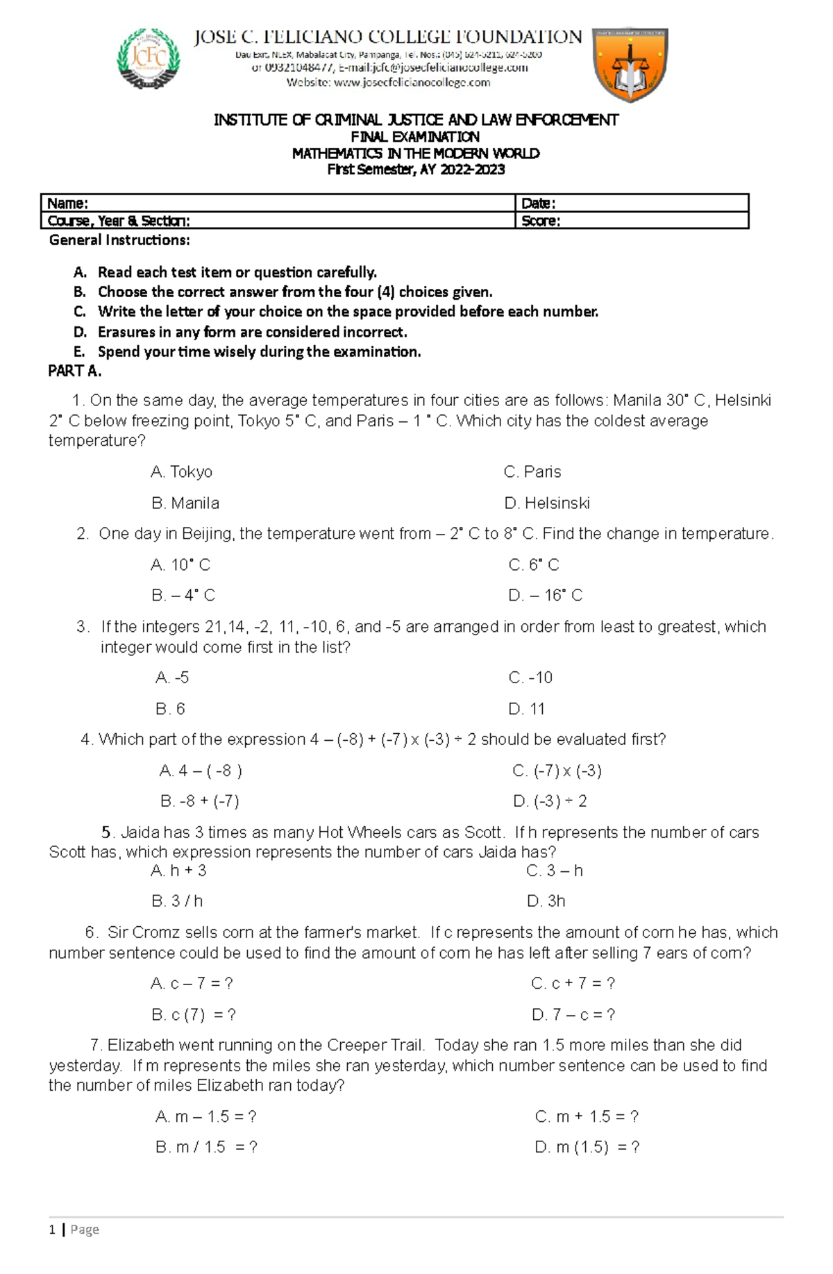 GE CRIM Finals - Final exam - INSTITUTE OF CRIMINAL JUSTICE AND LAW ...