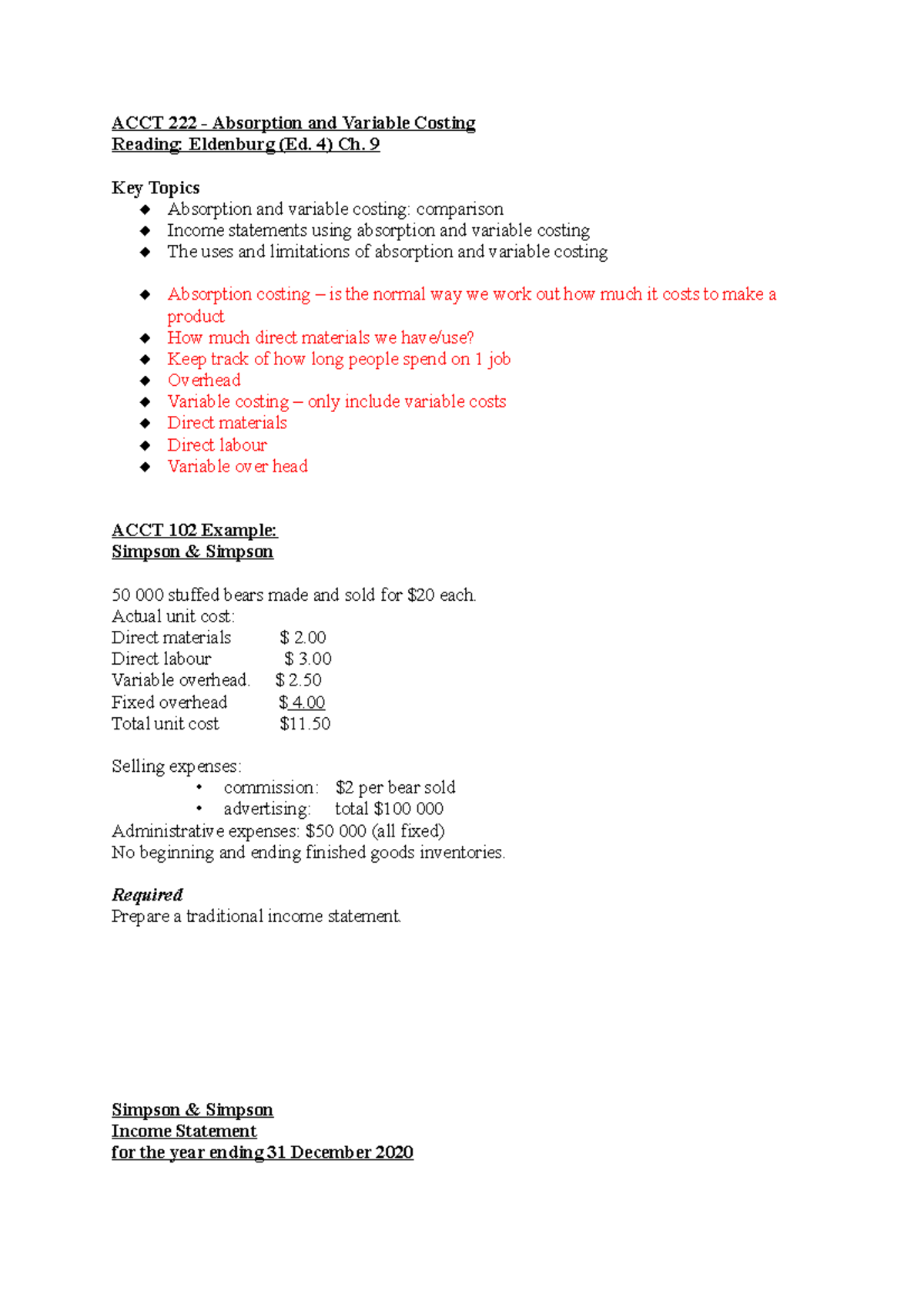 ACCT222 L4 and 5 - ACCT 222 - Absorption and Variable Costing Reading ...