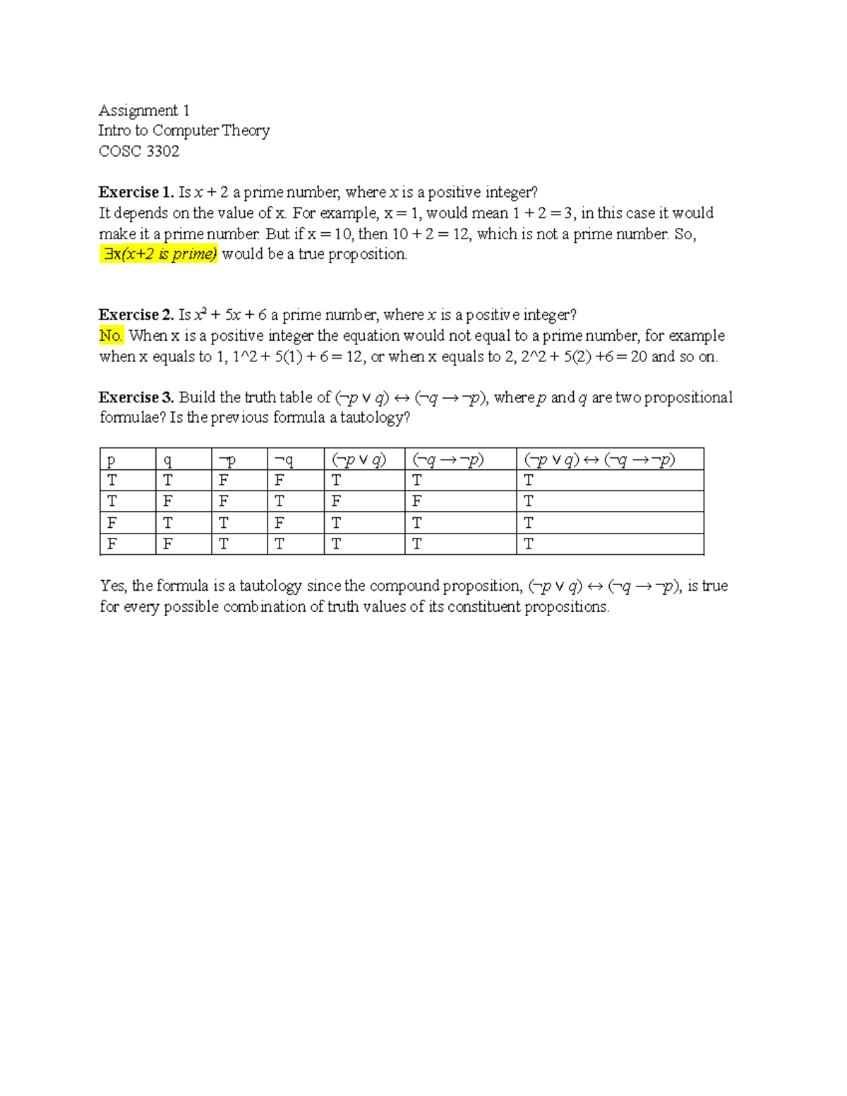 Assignment 1 Intro to Computer Theory - Is x + 2 a prime number, where x is a positive integer ...