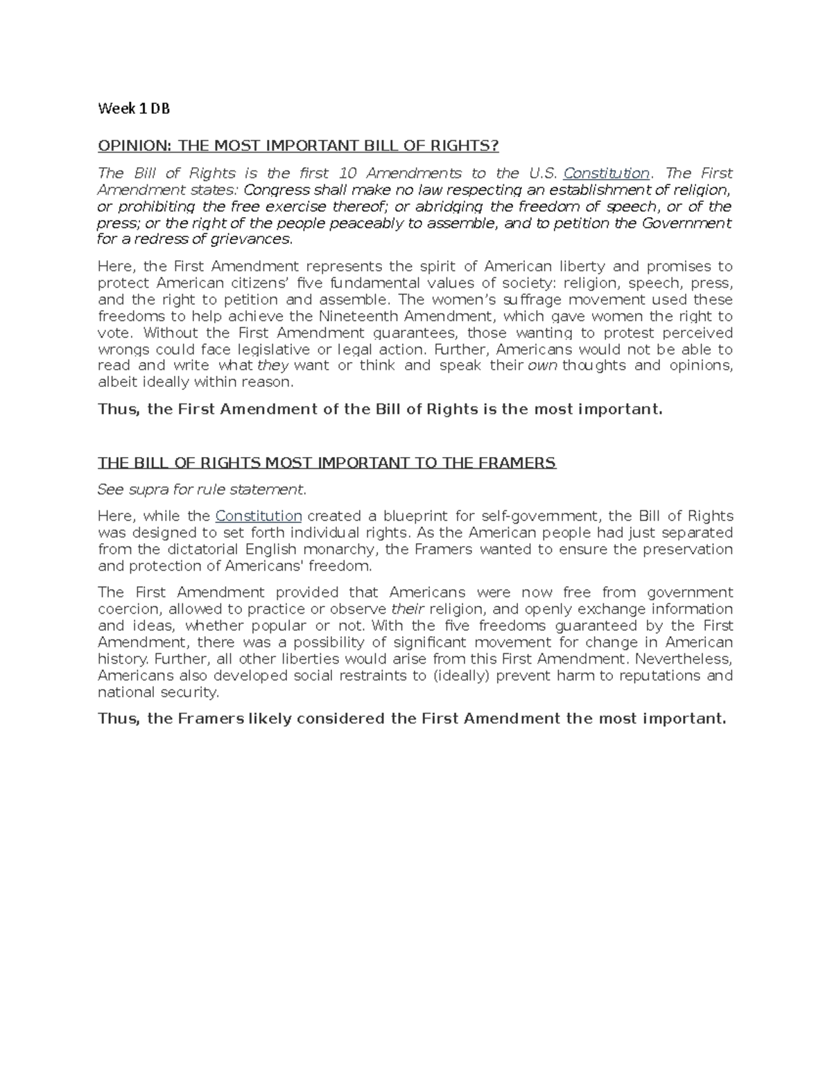 Week 1 DB - week DISCUSSION POST - Week 1 DB OPINION: THE MOST IMPORTANT BILL OF RIGHTS? The ...