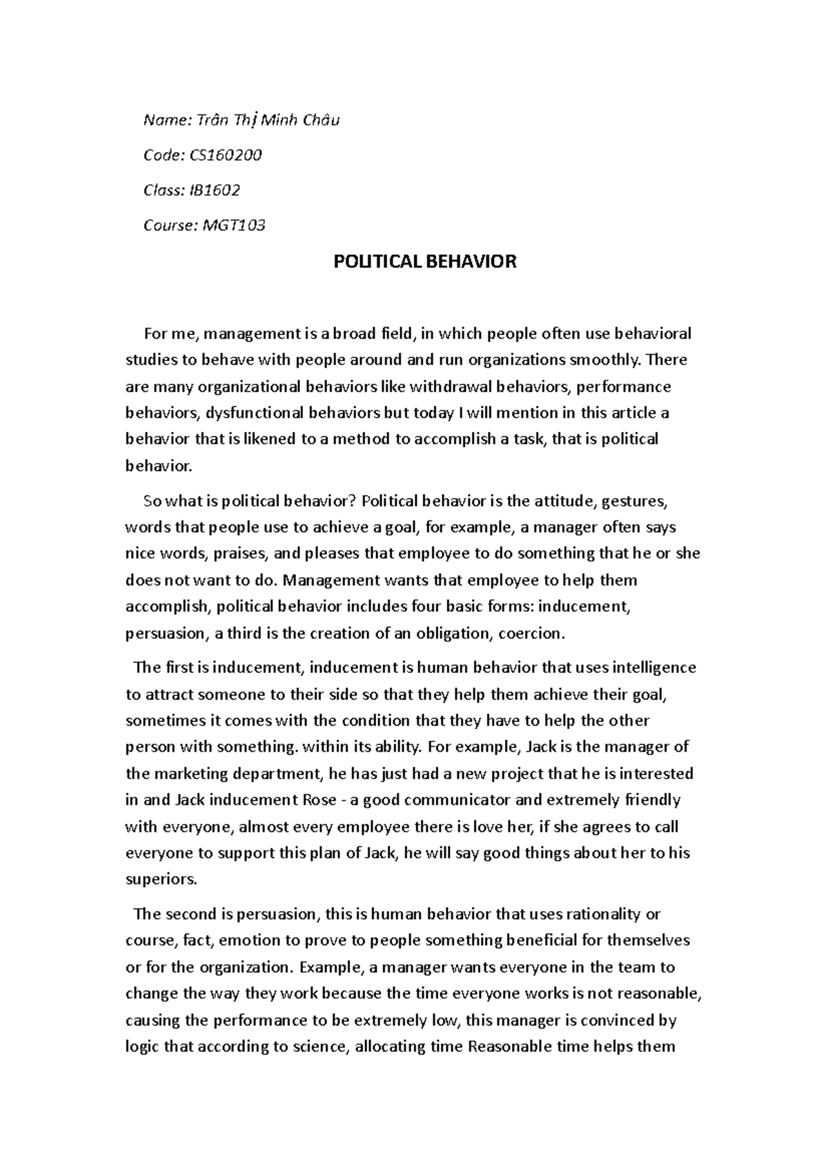 Essay test MGT103 1 - Name: Trầần Th Minh Chầuị Code: CS Class: IB ...