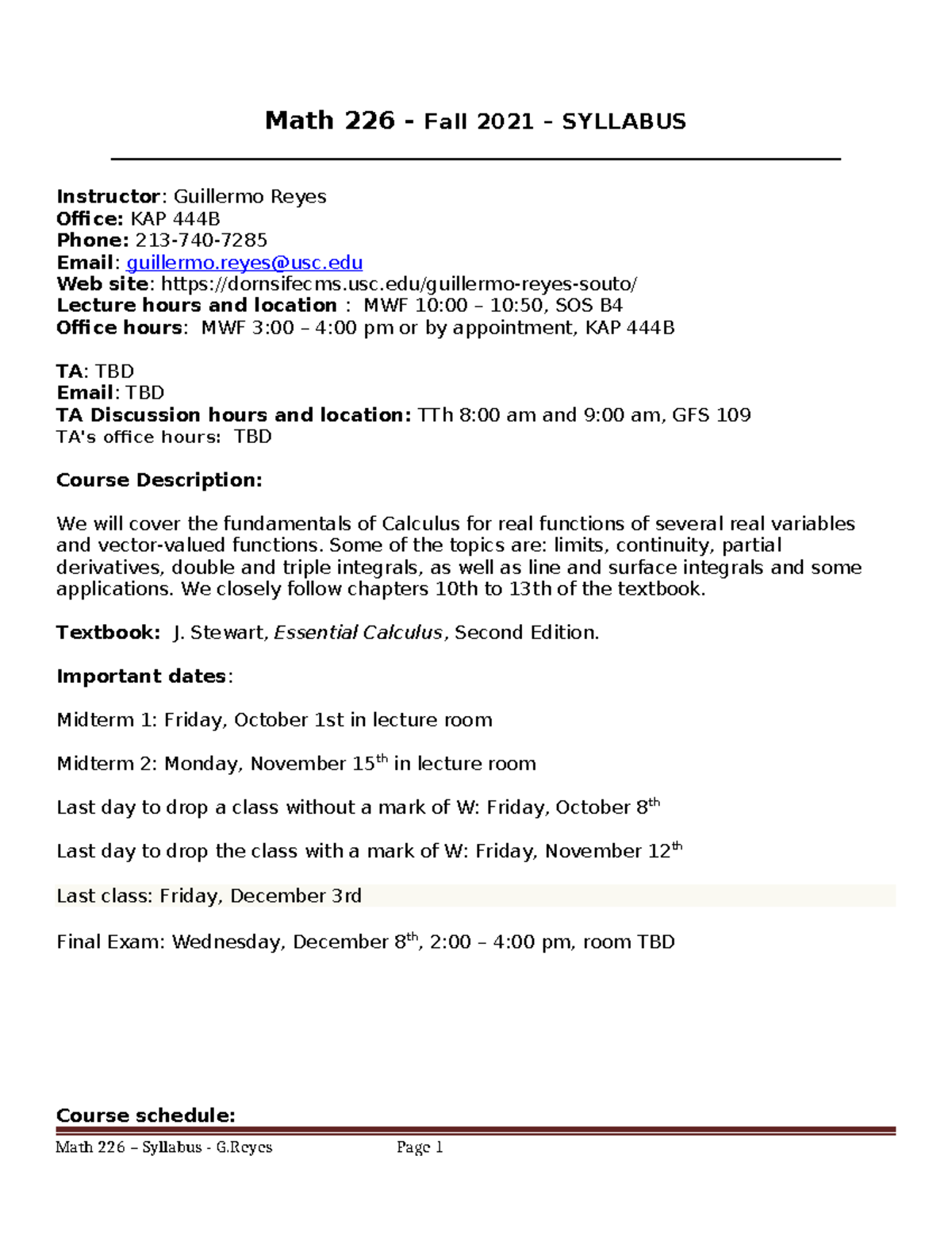 MATH 226 Calculus III Fall 2021 Reyes Souto - Math 226 - Fall 2021 ...