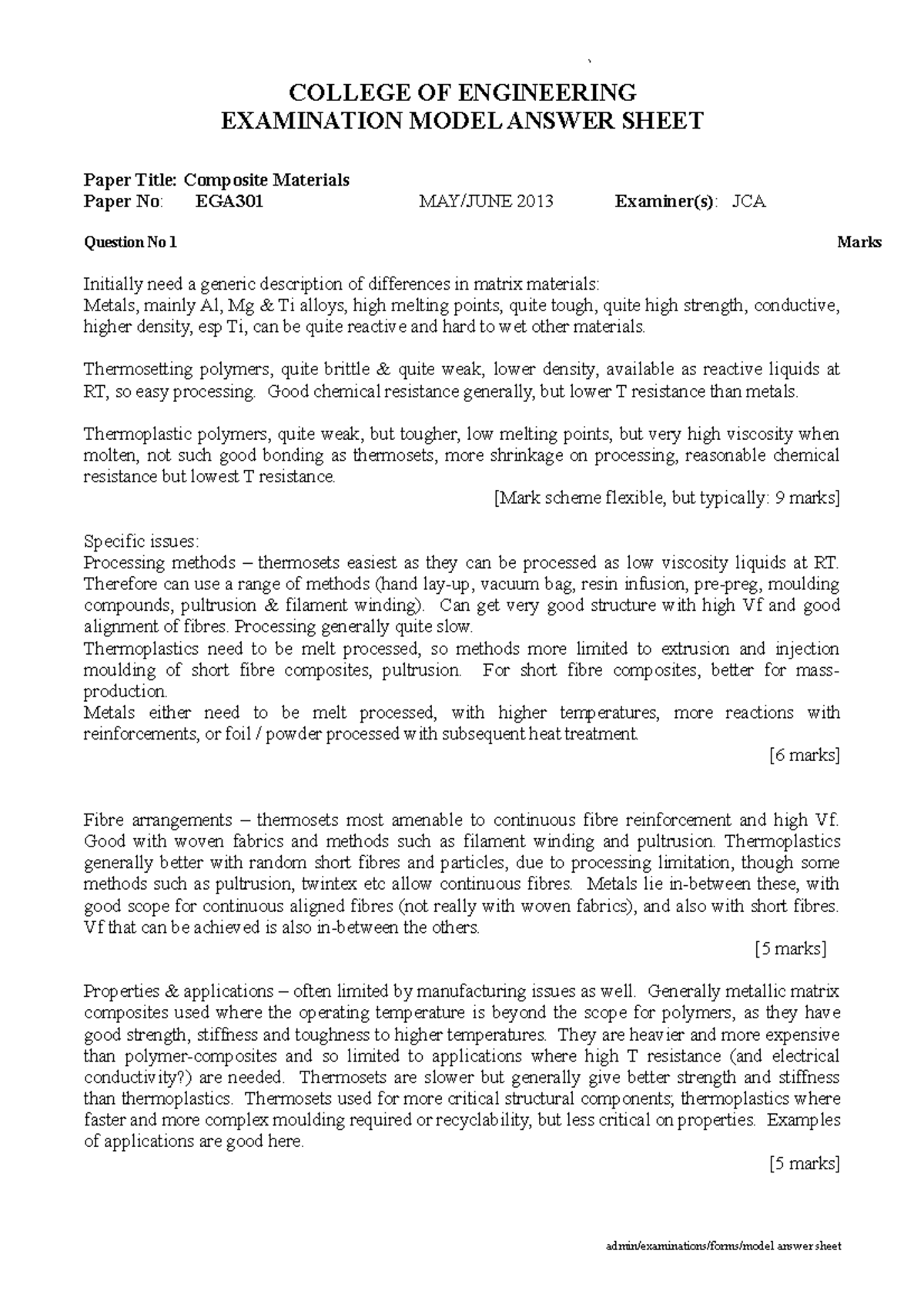 Exam 2013, answers - ` COLLEGE OF ENGINEERING EXAMINATION MODEL ANSWER ...