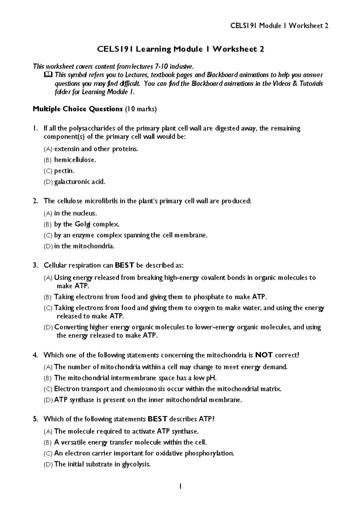Cels Lecture 7-10 Learning Module 2022 - CELS191 Learning Module 1 Worksheet 2 This worksheet ...