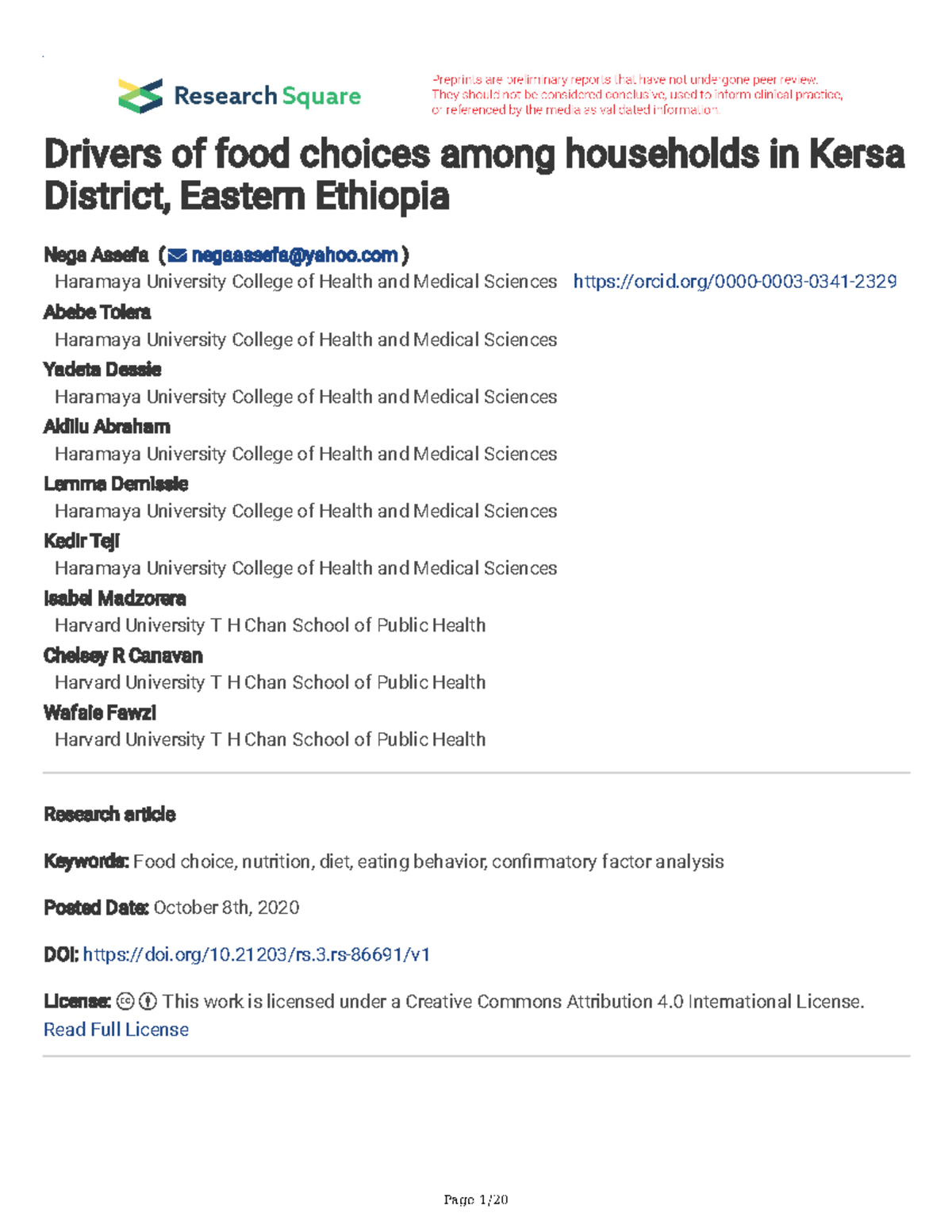 Assefa et al 2020 drivers of food choices among households in Kersa ...