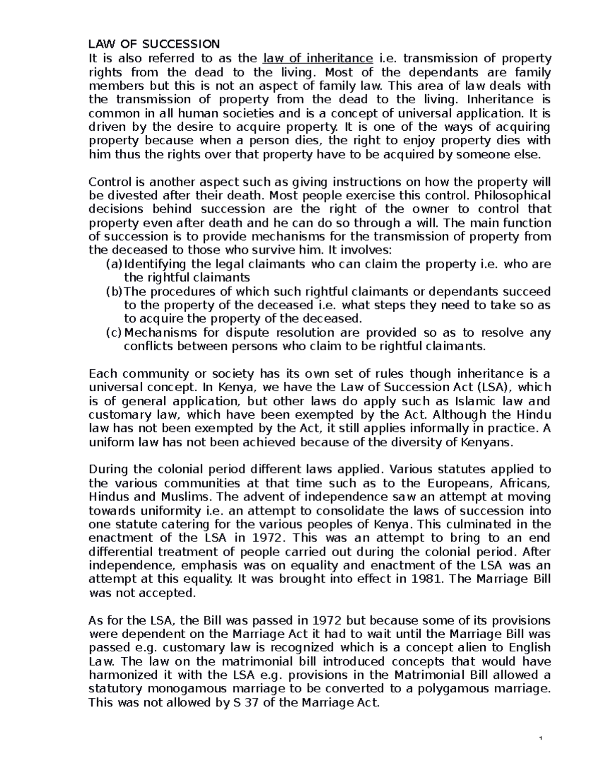 Copy of law of succession class notes - LAW OF SUCCESSION It is also ...