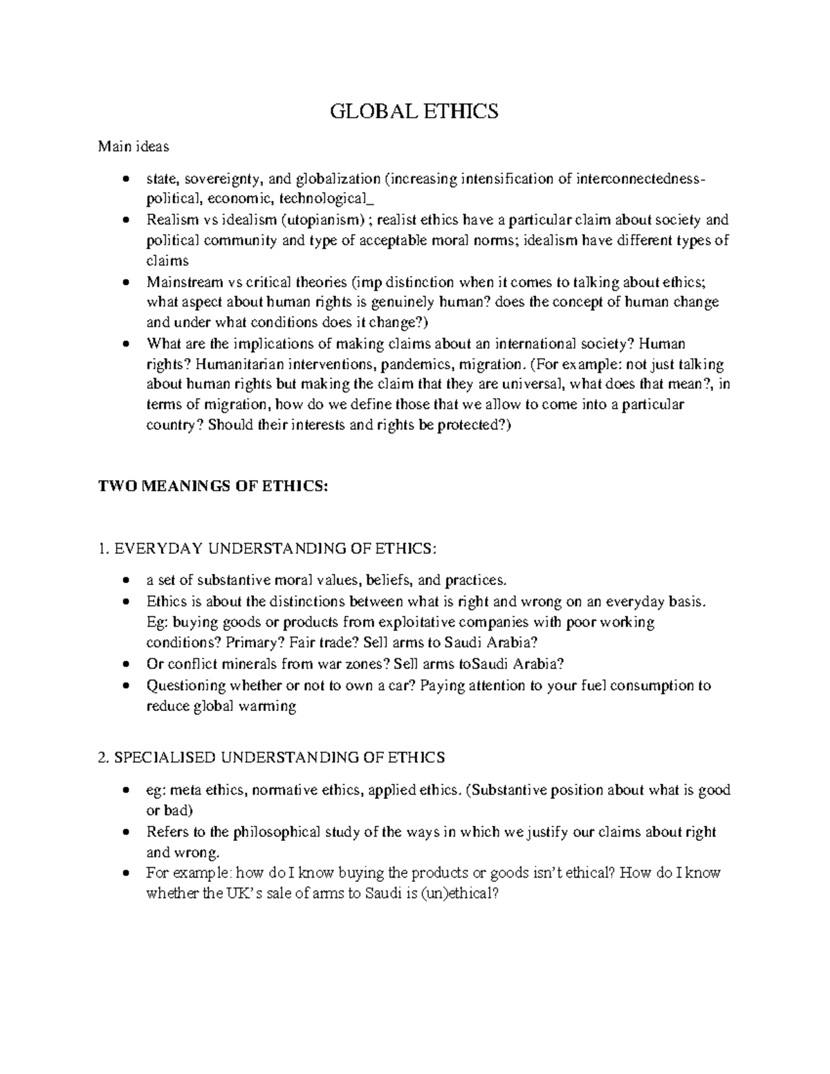Global Ethics- Notes - GLOBAL ETHICS Main ideas state, sovereignty, and ...