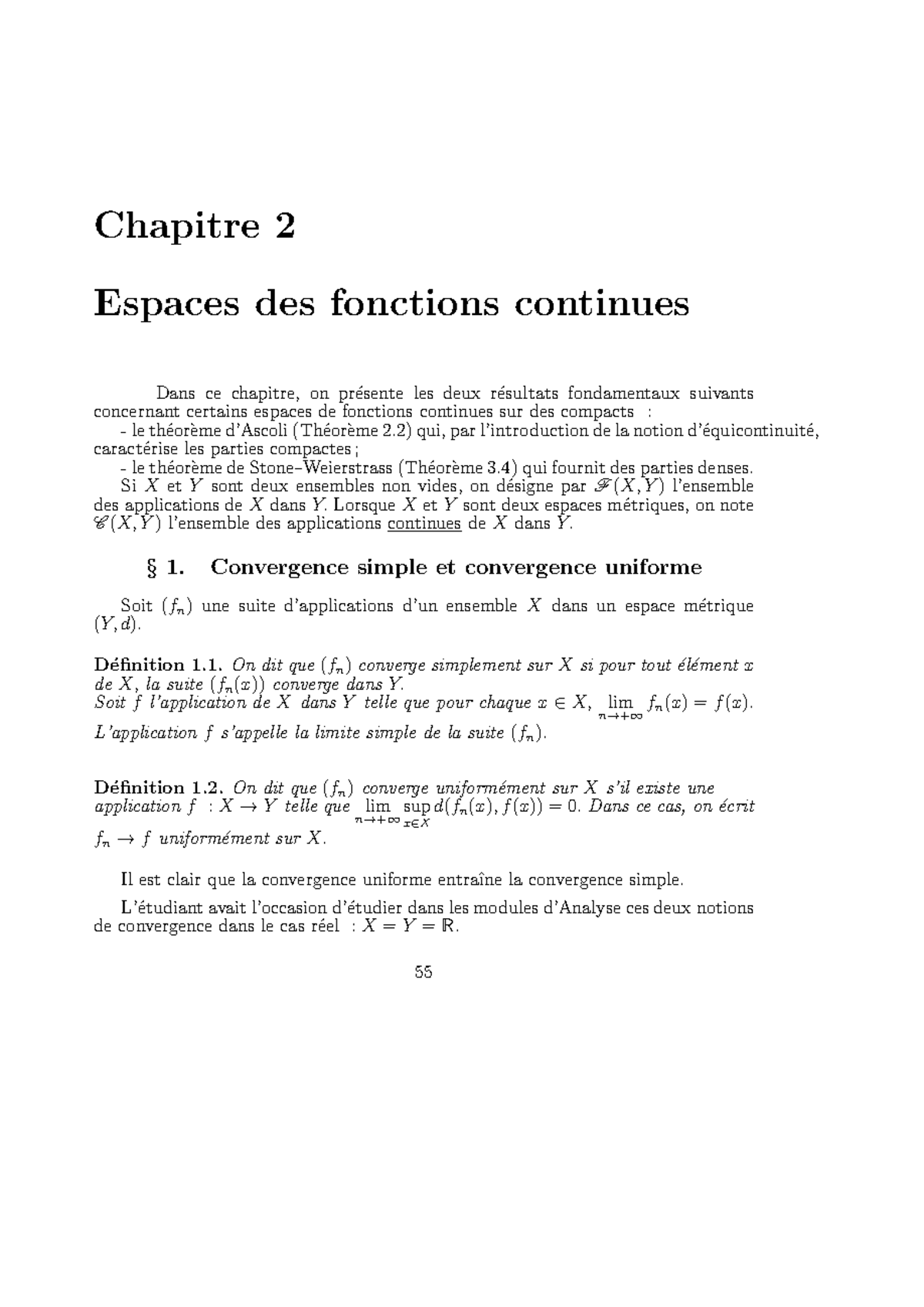 Cour topologie 2 chapitre 2 - Chapitre 2 Espaces des fonctions ...